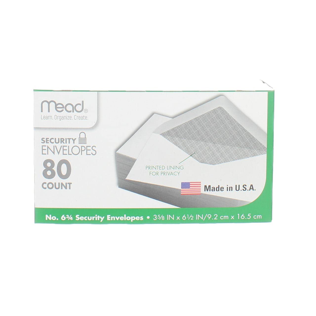 Mead #6-3/4 Envelopes, Security Printed Lining for Privacy, Gummed Closure, All-Purpose 20-lb Paper, 3-5/8" x 6-1/2", White, 80/Box (75212)