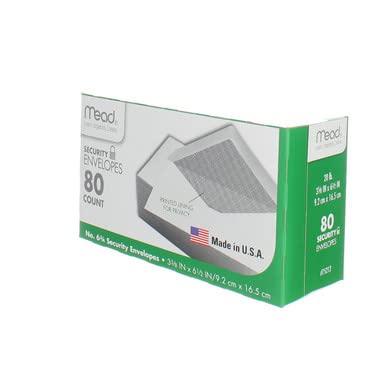 Mead #6-3/4 Envelopes, Security Printed Lining for Privacy, Gummed Closure, All-Purpose 20-lb Paper, 3-5/8" x 6-1/2", White, 80/Box (75212)