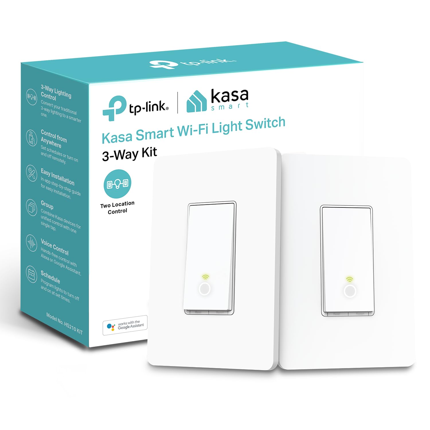Kasa Smart 3 Way Switch HS210 KIT, Needs Neutral Wire, 2.4GHz Wi-Fi Light Switch works with Alexa and Google Home, UL Certified, No Hub Required, 2 Count (Pack of 1)
