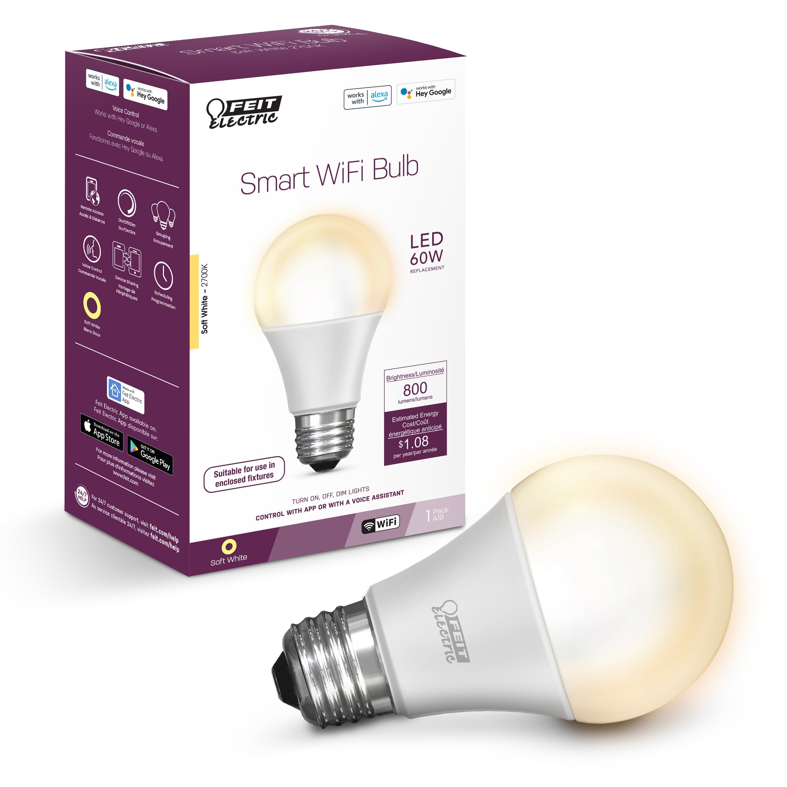 Feit Electric OM60/927CA/AG 60W Equivalent WiFi Dimmable, No Hub Required, Alexa Google Assistant A19 Smart LED Light Bulb, 4.4" H x 2.3" D, 2700K Soft White