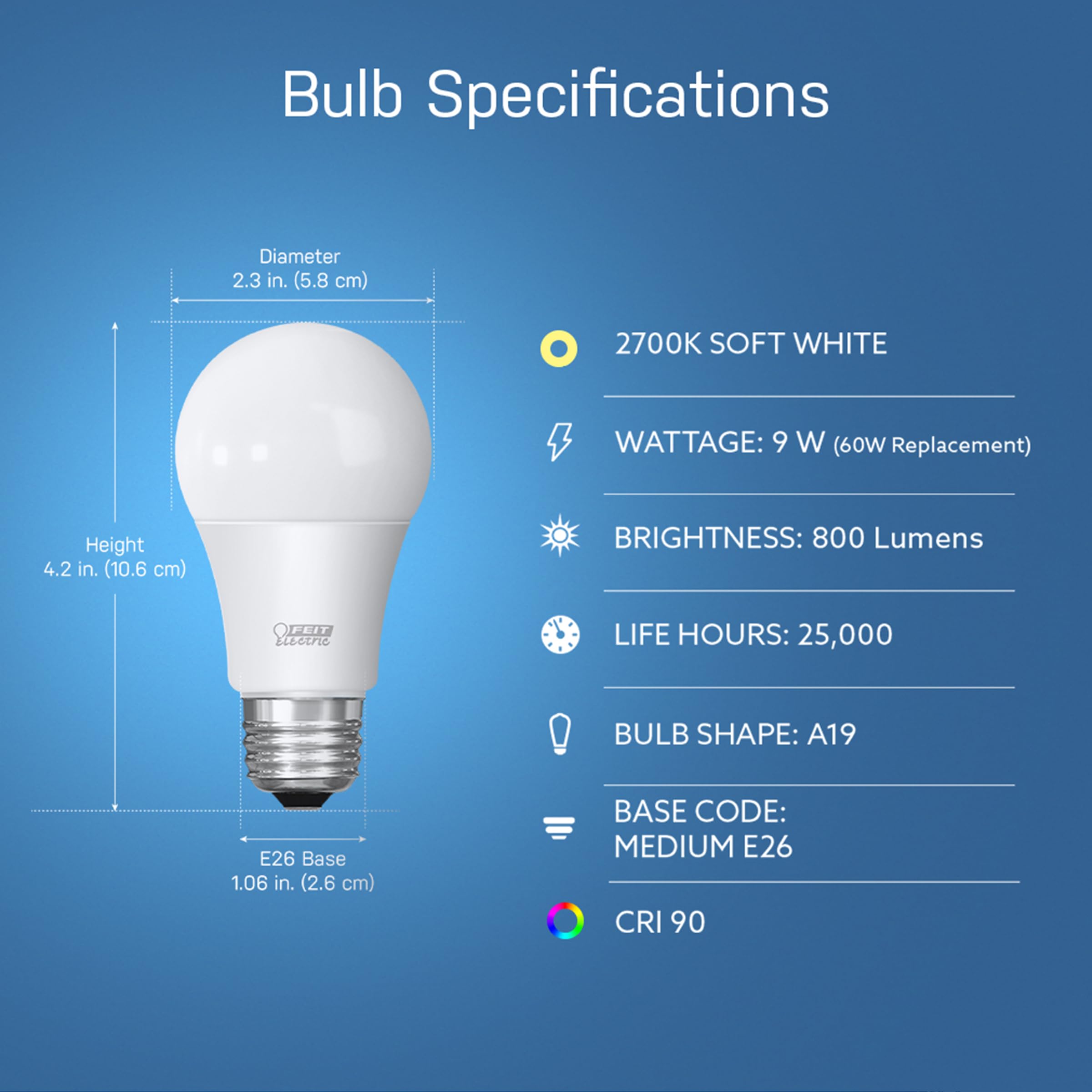 Feit Electric OM60/927CA/AG 60W Equivalent WiFi Dimmable, No Hub Required, Alexa Google Assistant A19 Smart LED Light Bulb, 4.4" H x 2.3" D, 2700K Soft White