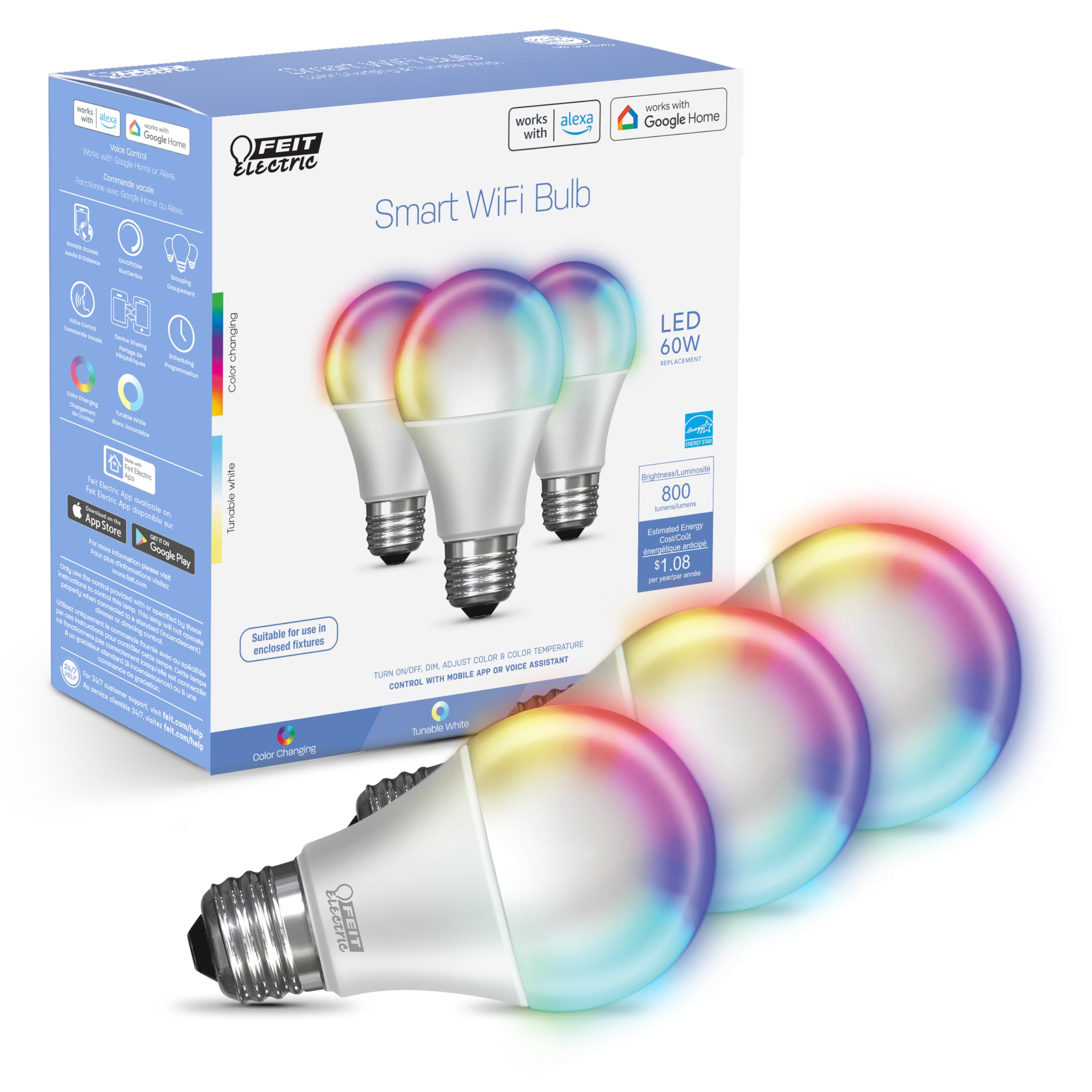 Feit Electric Smart Light Bulbs with RGB Color Changing and Tunable White, 2.4Ghz WiFi Light Bulbs, No Hub Needed, Works with Alexa and Google, Dimmable 60 Watt = LED 9W, OM60/RGBW/CA/AG/3, 3 Pack