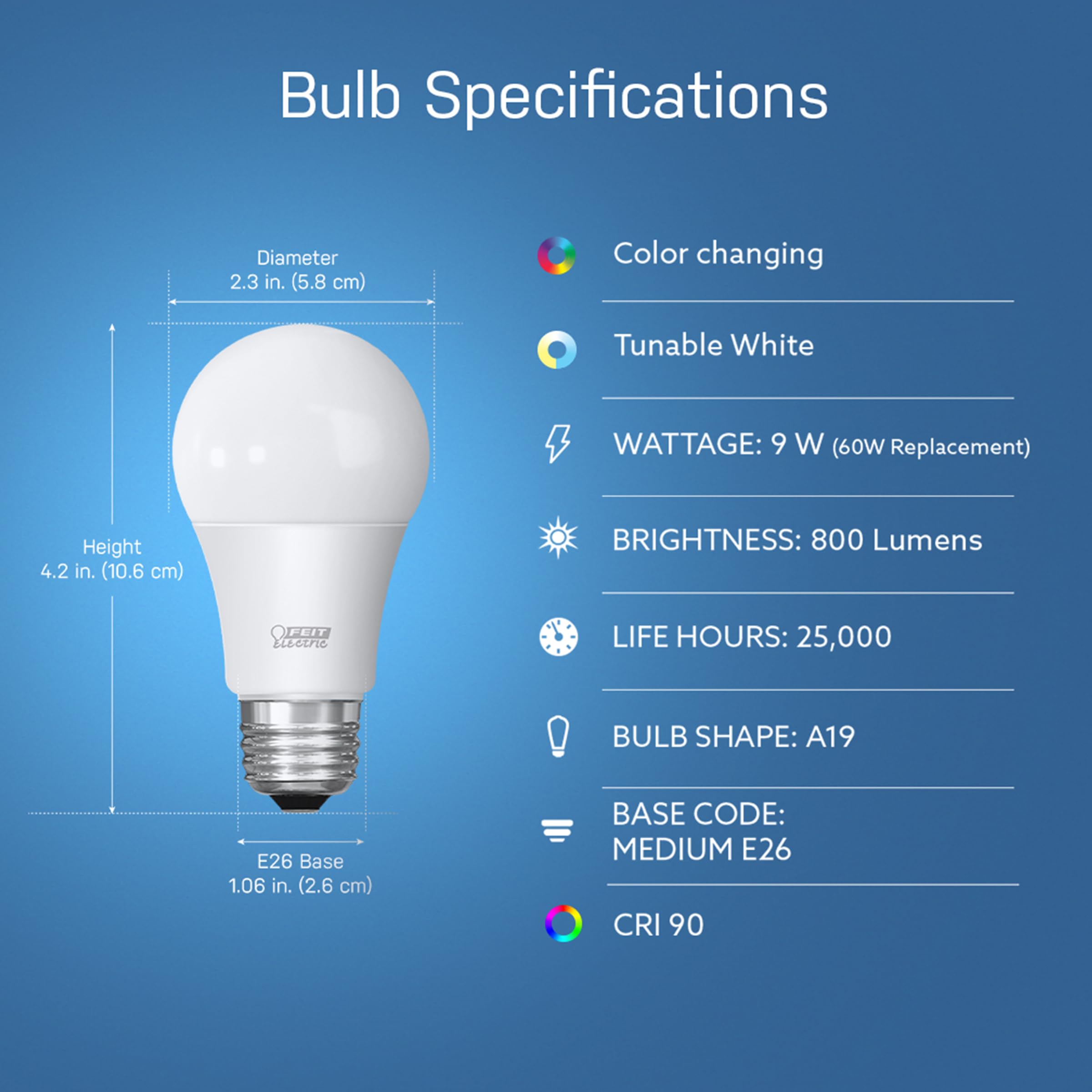 Feit Electric Smart Light Bulbs with RGB Color Changing and Tunable White, 2.4Ghz WiFi Light Bulbs, No Hub Needed, Works with Alexa and Google, Dimmable 60 Watt = LED 9W, OM60/RGBW/CA/AG/3, 3 Pack