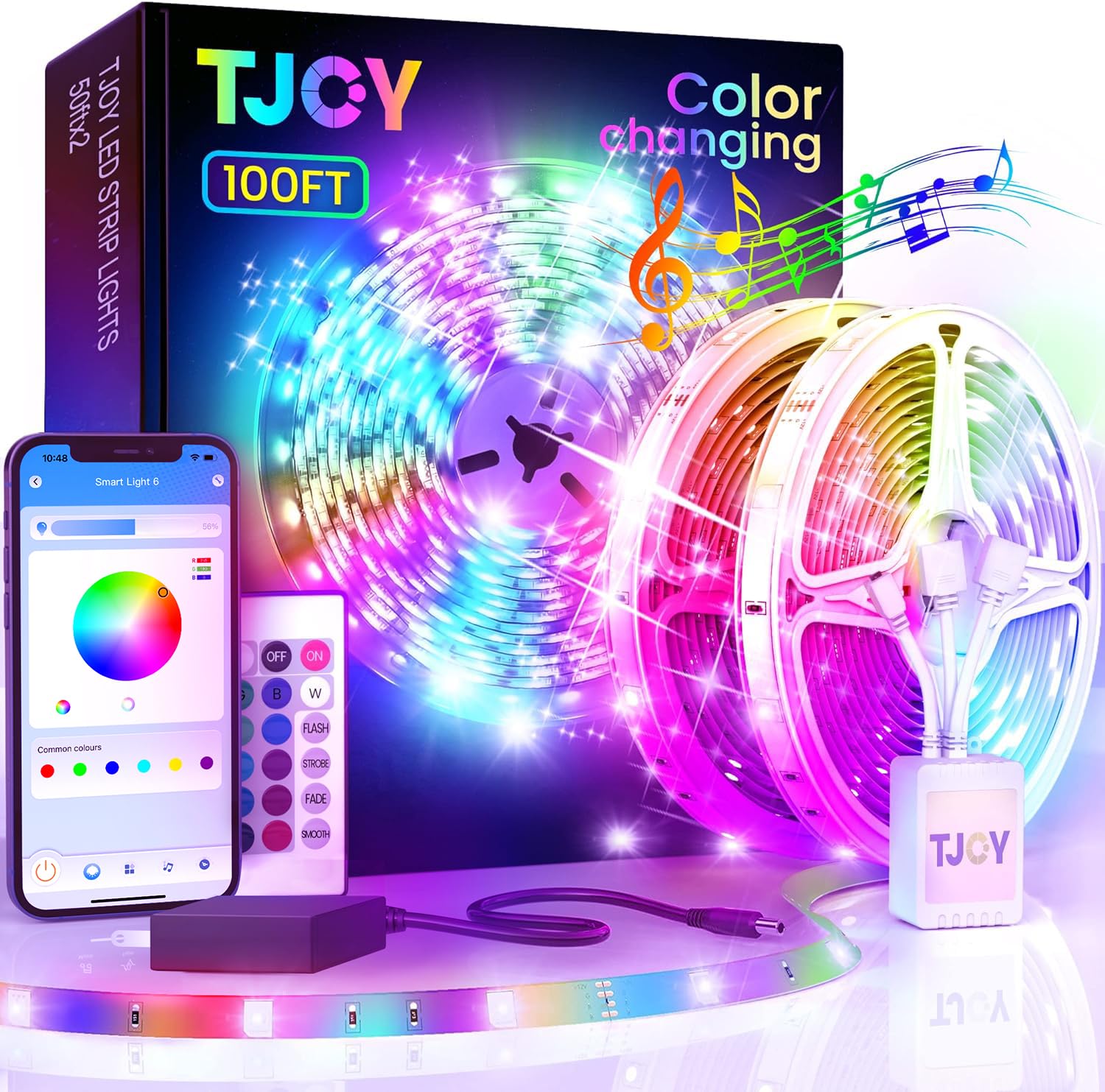 100ft Bluetooth LED Strip Lights, SMD5050 Music Sync LED Lights Strip, RGB Color Changing LED Lights with Remote,Smart Phone APP Control, LED Lights for Bedroom,TV,Room DIY (APP+Remote +Mic/50ftx2)