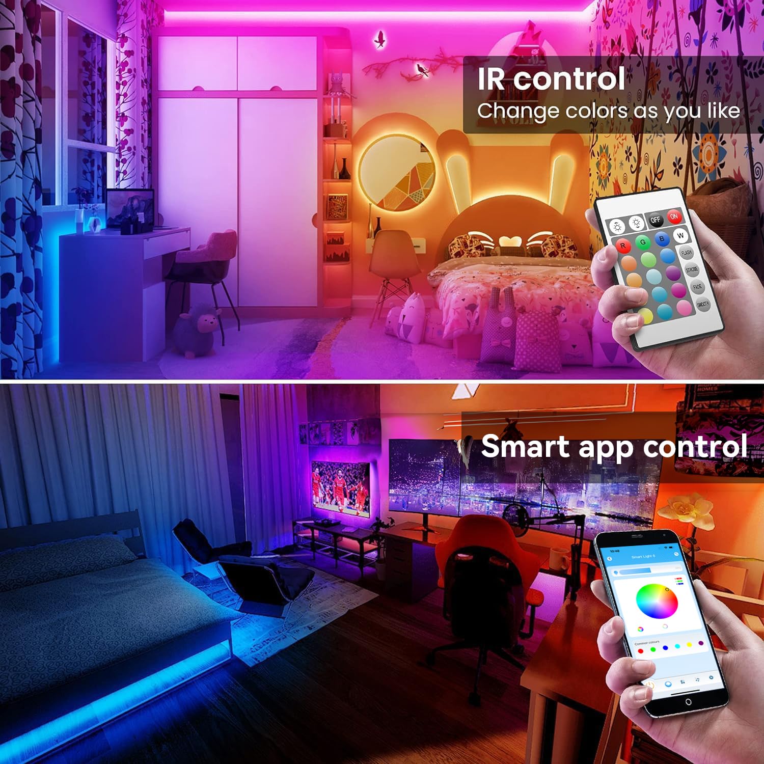 100ft Bluetooth LED Strip Lights, SMD5050 Music Sync LED Lights Strip, RGB Color Changing LED Lights with Remote,Smart Phone APP Control, LED Lights for Bedroom,TV,Room DIY (APP+Remote +Mic/50ftx2)