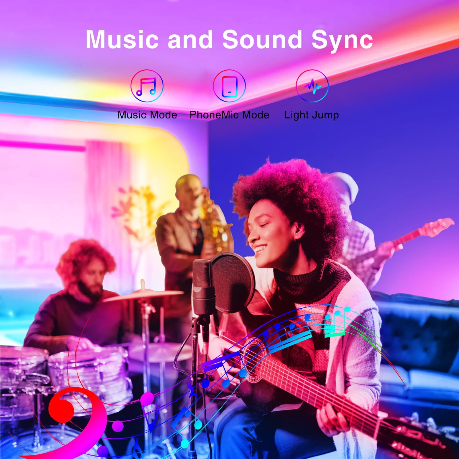 100ft Bluetooth LED Strip Lights, SMD5050 Music Sync LED Lights Strip, RGB Color Changing LED Lights with Remote,Smart Phone APP Control, LED Lights for Bedroom,TV,Room DIY (APP+Remote +Mic/50ftx2)