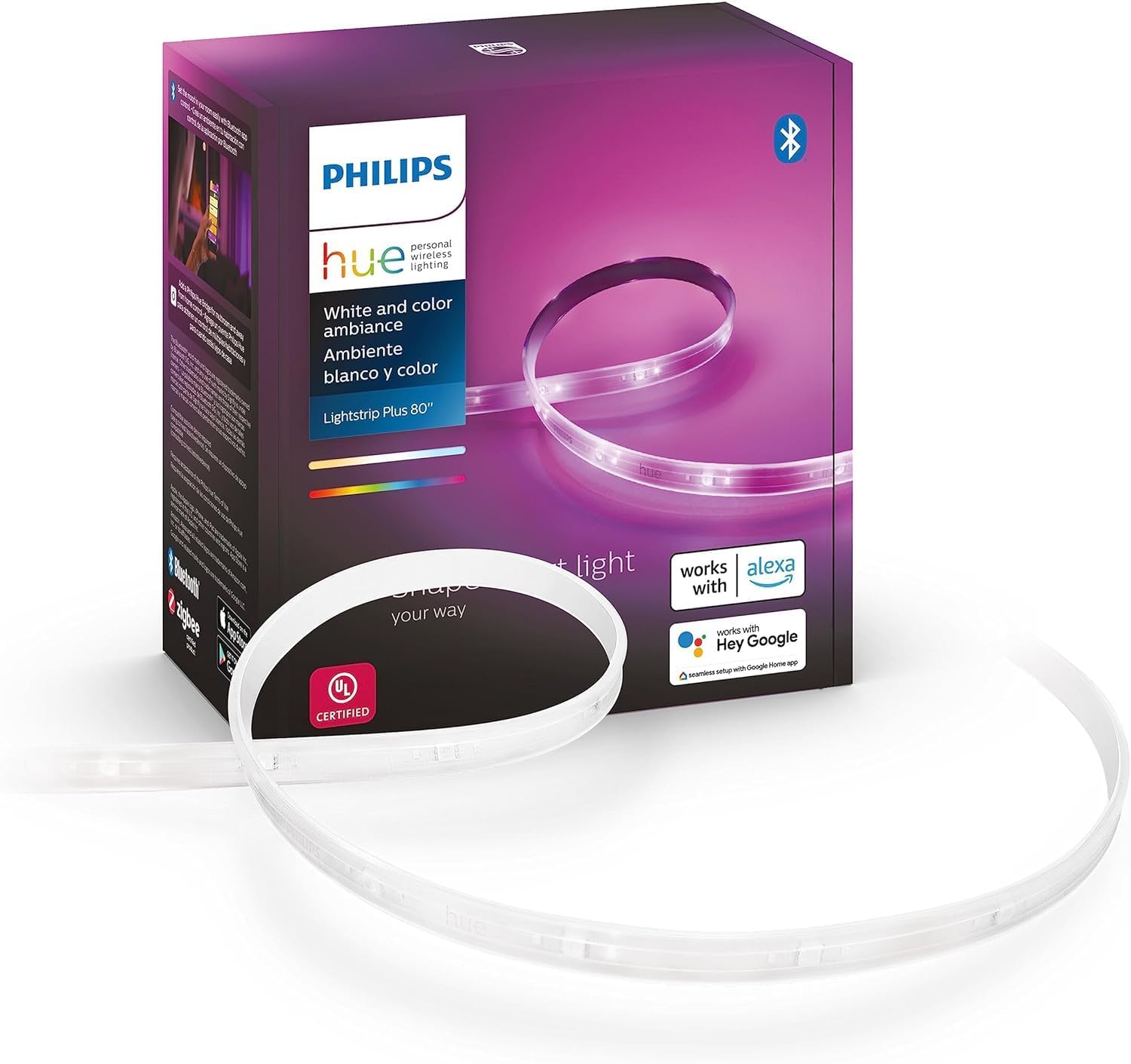 Philips Hue Lightstrip Plus (2m/6ft Base Kit with Plug), Works with Amazon Alexa, Apple Homekit and Google Assistant, Bluetooth Compatible, Single Color Effect
