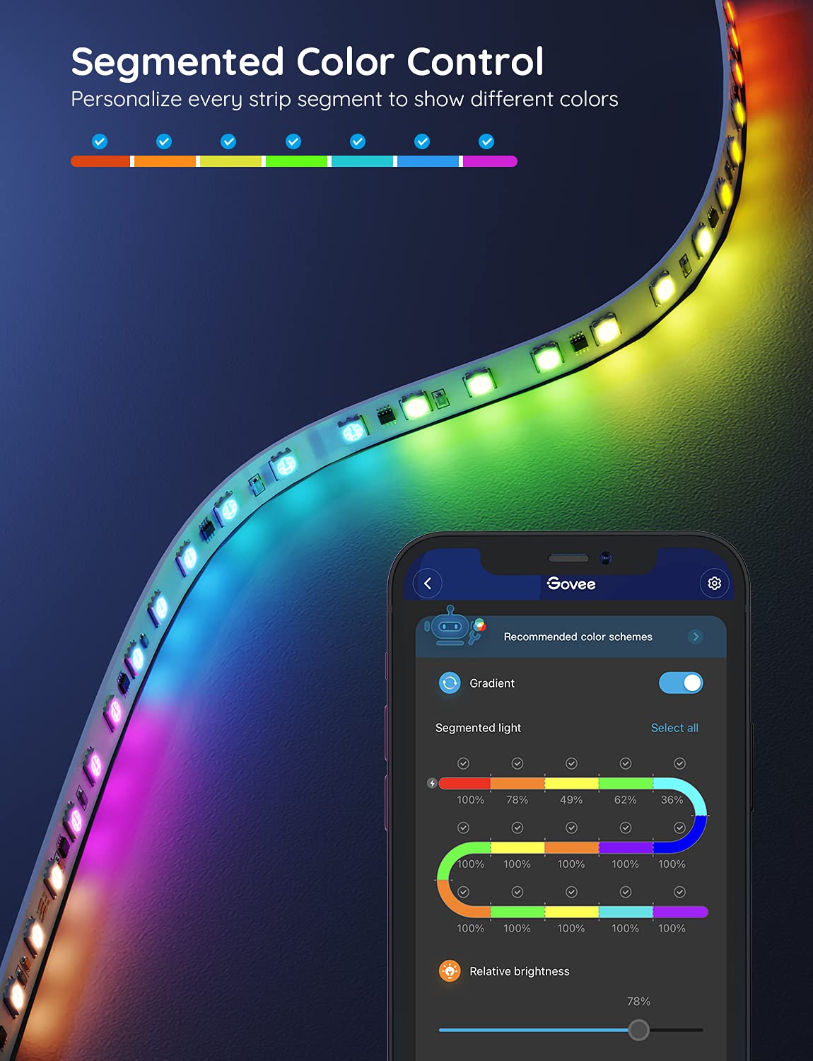 Govee 65.6ft RGBIC LED Strip Lights, Color Changing LED Strips, App Control via Bluetooth, Smart Segmented Control, Multiple Scenes, Enhanced Music Sync LED Lights for Bedroom, Party (2 X 32.8ft)