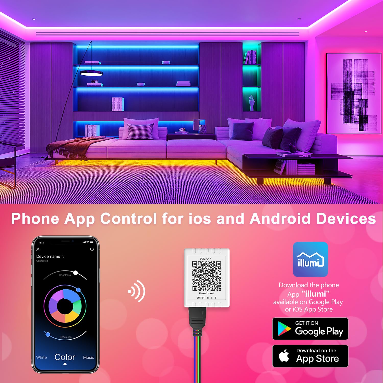 Nexillumi 65.6Ft LED Strip Lights Music Sync Color Changing RGB LED Strip 44-Key Remote, Sensitive Built-in Mic, App Controlled LED Lights Rope Lights, 5050 RGB LED Light Strip(APP+Remote+Mic)