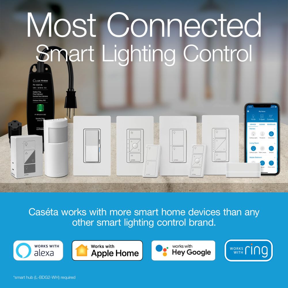 Lutron Caséta Wireless Single-Pole/3-Way Smart Lighting Lamp Dimmer and Remote Kit | P-PKG1P-WH | White