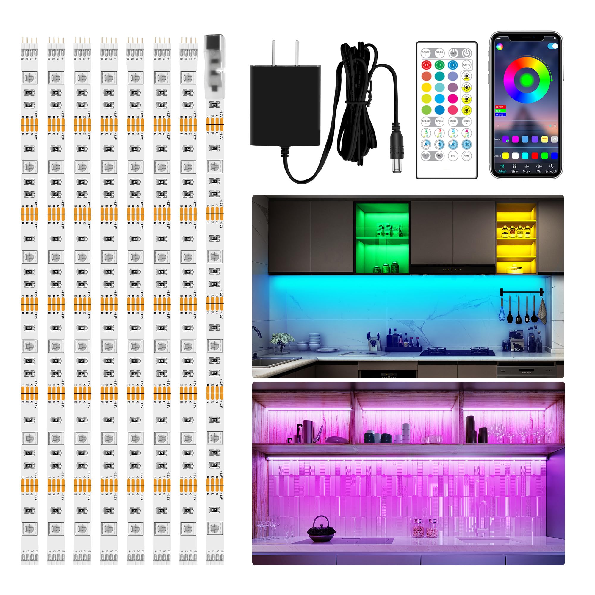 maylit 8 PCS RGB Under Cabinet Lighting Kit, App and Remote Control Led Strip Lights, Music Sync Color Changing Led Lights with ETL Listed Power Adapter, for Cabinet, Counter, Shelf, Bookcase, 13ft