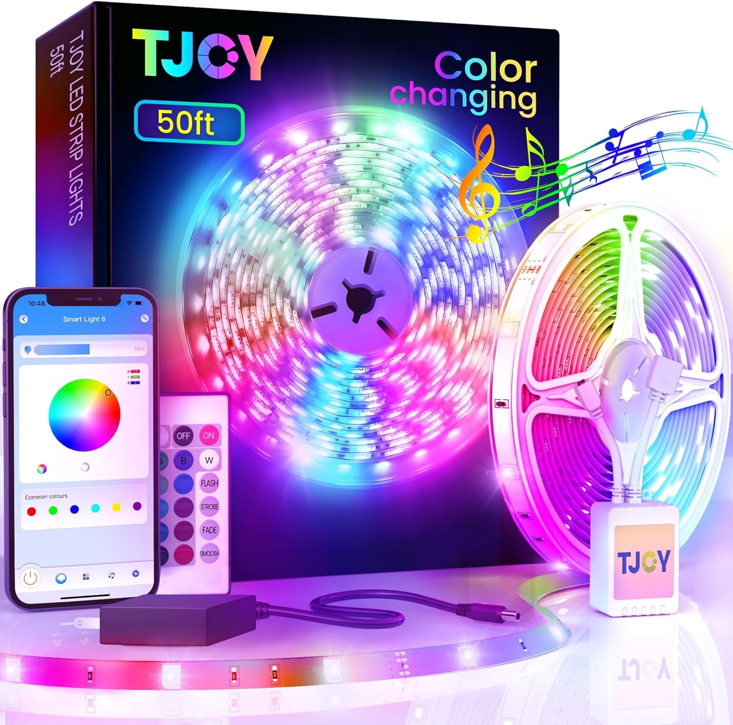 50ft Bluetooth LED Strip Lights, SMD5050 Music Sync LED Lights Strip，RGB Color Changing LED Lights with Remote, Smart Phone APP Control, LED Lights for Bedroom, TV, Room DIY (APP+Remote +Mic/50ftx1)