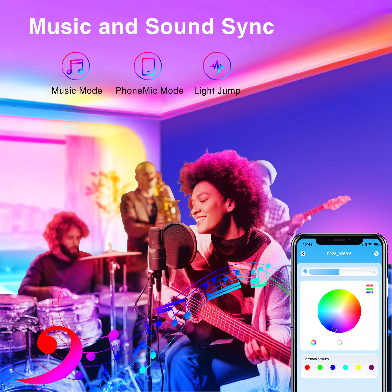 50ft Bluetooth LED Strip Lights, SMD5050 Music Sync LED Lights Strip，RGB Color Changing LED Lights with Remote, Smart Phone APP Control, LED Lights for Bedroom, TV, Room DIY (APP+Remote +Mic/50ftx1)