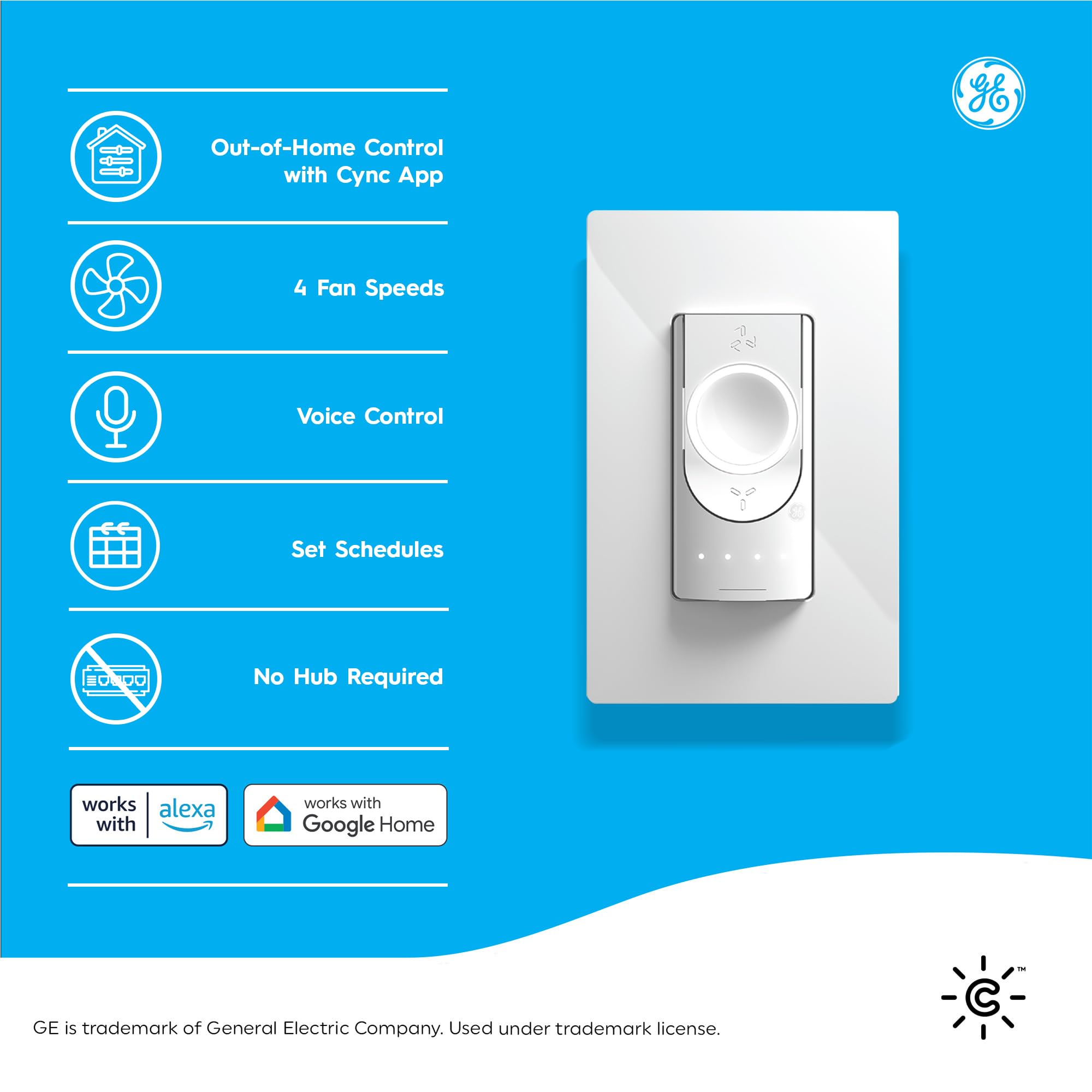 GE CYNC Ceiling Fan Smart Switch, Wi-Fi Enabled, Alexa and Google Assistant Compatible, No Hub Required, Neutral Wire Required