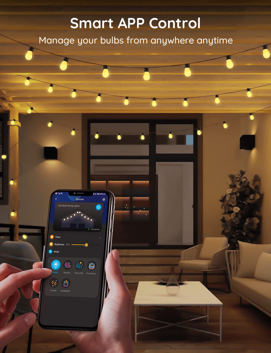 Govee Outdoor String Lights, 48ft WiFi Alexa String Lights with App Control, IP65 Waterproof Outdoor Lights with 15 Dimmable Warm White LED Bulbs for Balcony, Backyard, Party