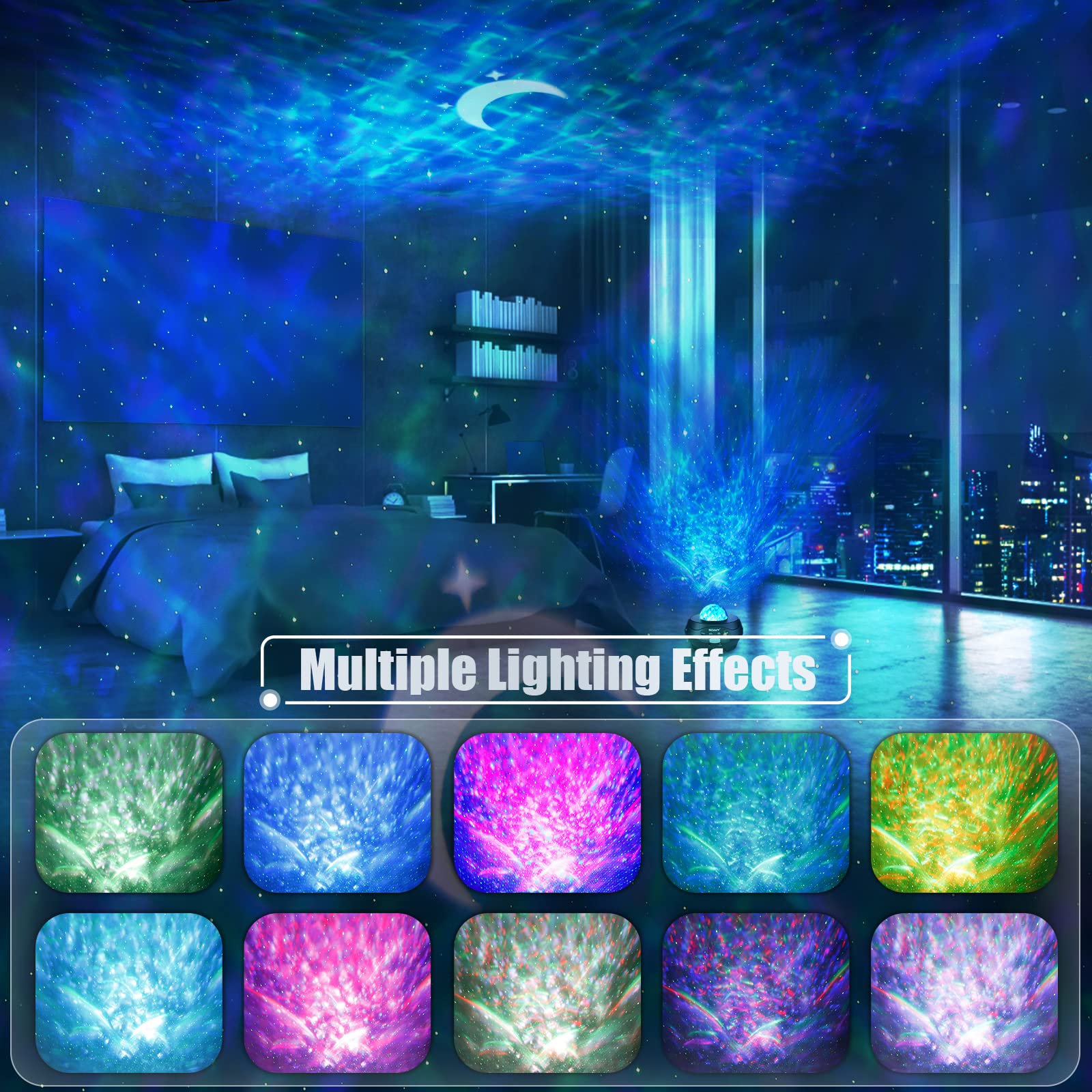 SOAIY Star Projector, Galaxy Projector Starry Night Light Projector with Bluetooth Speaker, Remote Control, 8 White Noises, Works with Alexa Smart App for Kids Adults Bedroom/Party/Home Ceiling Decor