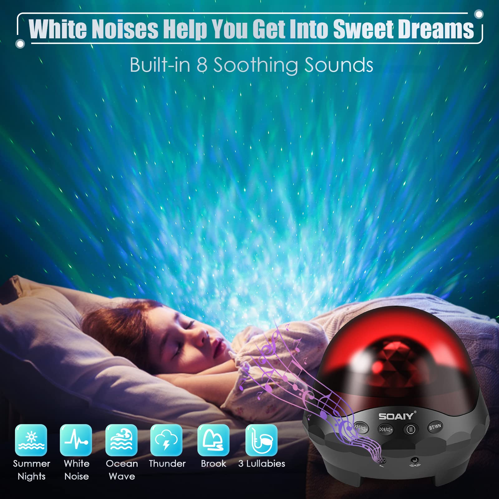 SOAIY Star Projector, Galaxy Projector Starry Night Light Projector with Bluetooth Speaker, Remote Control, 8 White Noises, Works with Alexa Smart App for Kids Adults Bedroom/Party/Home Ceiling Decor