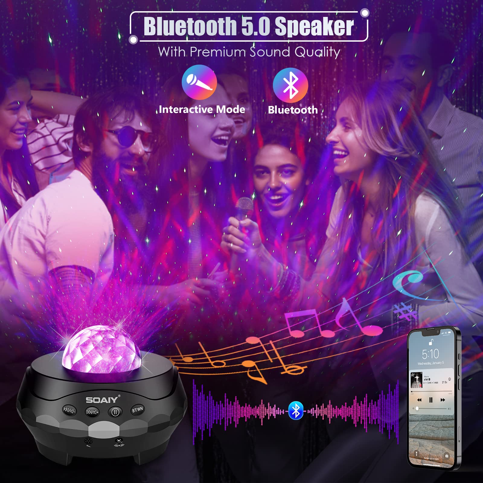 SOAIY Star Projector, Galaxy Projector Starry Night Light Projector with Bluetooth Speaker, Remote Control, 8 White Noises, Works with Alexa Smart App for Kids Adults Bedroom/Party/Home Ceiling Decor
