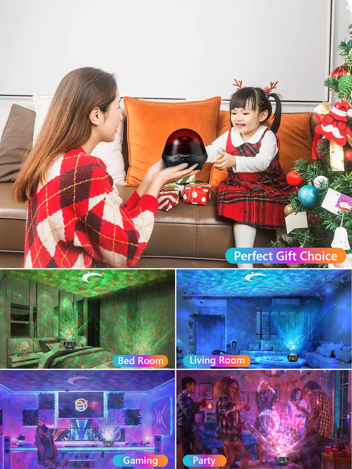SOAIY Star Projector, Galaxy Projector Starry Night Light Projector with Bluetooth Speaker, Remote Control, 8 White Noises, Works with Alexa Smart App for Kids Adults Bedroom/Party/Home Ceiling Decor