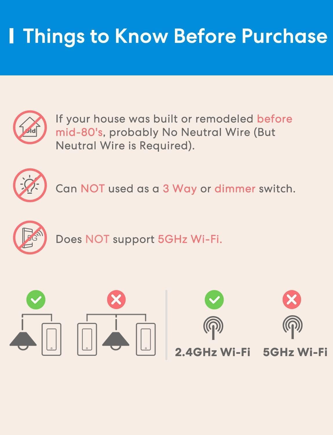 Meross Smart Light Switch Supports Apple HomeKit, Siri, Alexa, Google Assistant & SmartThings, 2.4GHz Wi-Fi Light Switch, Neutral Wire Required, Single Pole, Remote Control Schedule, 2 Pack