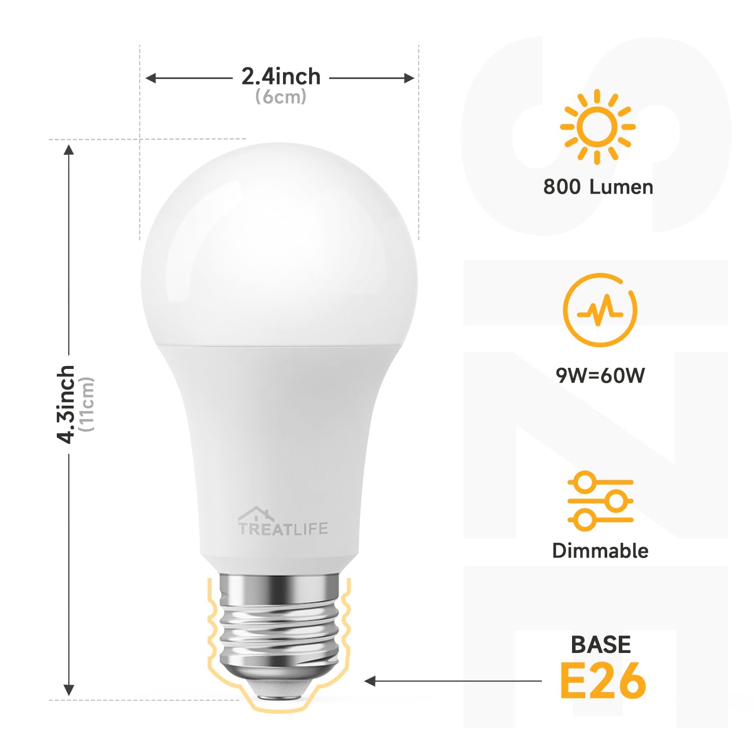 TREATLIFE Smart Light Bulbs, WiFi LED Light Bulb, Dimmable Smart Bulb Works with Alexa, Google Home, SmartThings, Warm White& Cool White(2700K-6500K), 2.4Ghz, 800LM, E26, A19, 9W, No Hub Required
