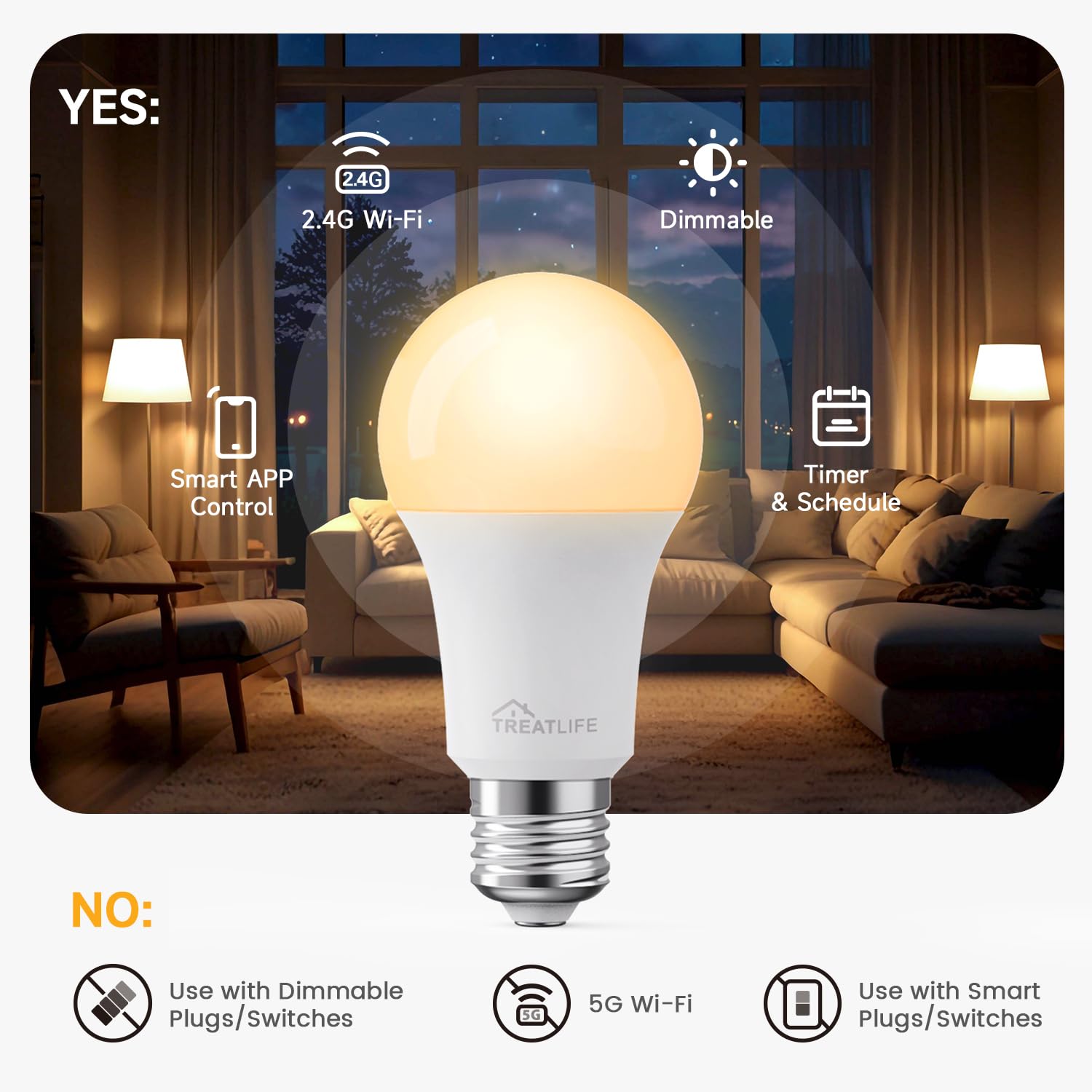 TREATLIFE Smart Light Bulbs, WiFi LED Light Bulb, Dimmable Smart Bulb Works with Alexa, Google Home, SmartThings, Warm White& Cool White(2700K-6500K), 2.4Ghz, 800LM, E26, A19, 9W, No Hub Required