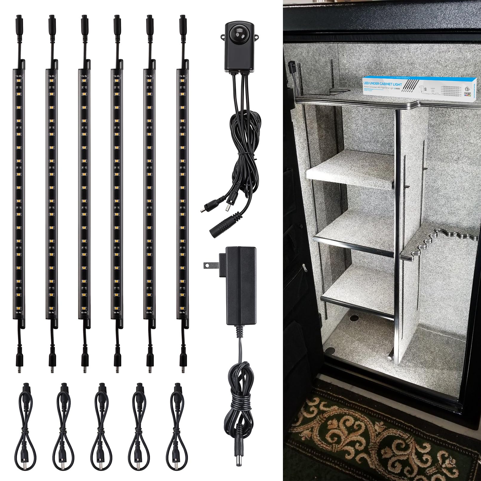 TORCHSTAR LED Safe Lighting Kit, (6) 12 Inch Linkable Light Bars + Motion Sensor + UL Power Adapter, 900LM, Input 100-240V, for Under Cabinet Gun Safe Locker Closet Showcase, 5000K Daylight