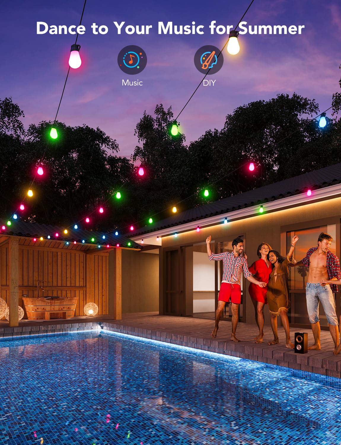 Govee Outdoor String Lights, 96ft RGBIC Outdoor Lights with 30 Dimmable IP65 Waterproof Warm White LED Bulbs, 2 Ropes of 48ft Smart Outdoor String Lights Work with Alexa for Dating, Party, Wedding