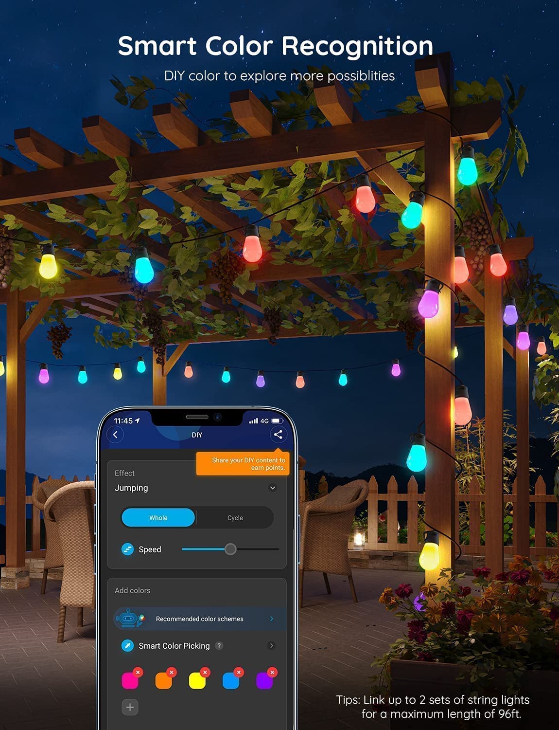 Govee Outdoor String Lights, 96ft RGBIC Outdoor Lights with 30 Dimmable IP65 Waterproof Warm White LED Bulbs, 2 Ropes of 48ft Smart Outdoor String Lights Work with Alexa for Dating, Party, Wedding