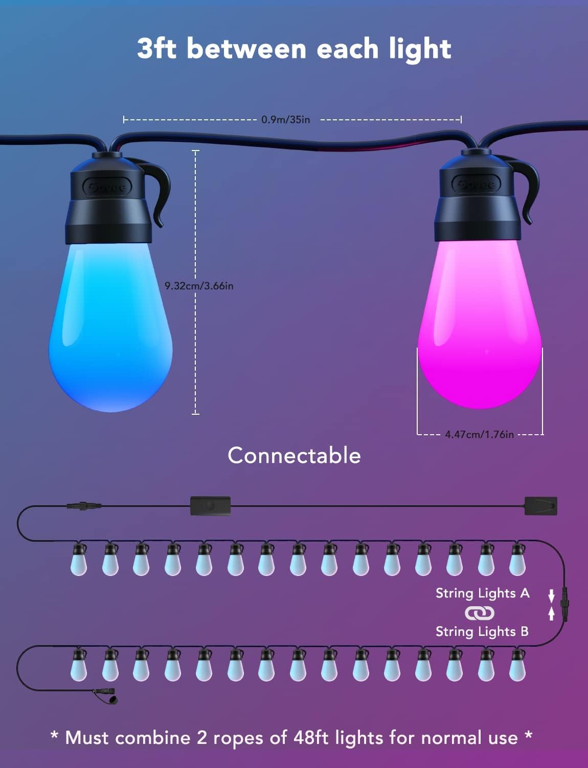 Govee Outdoor String Lights, 96ft RGBIC Outdoor Lights with 30 Dimmable IP65 Waterproof Warm White LED Bulbs, 2 Ropes of 48ft Smart Outdoor String Lights Work with Alexa for Dating, Party, Wedding