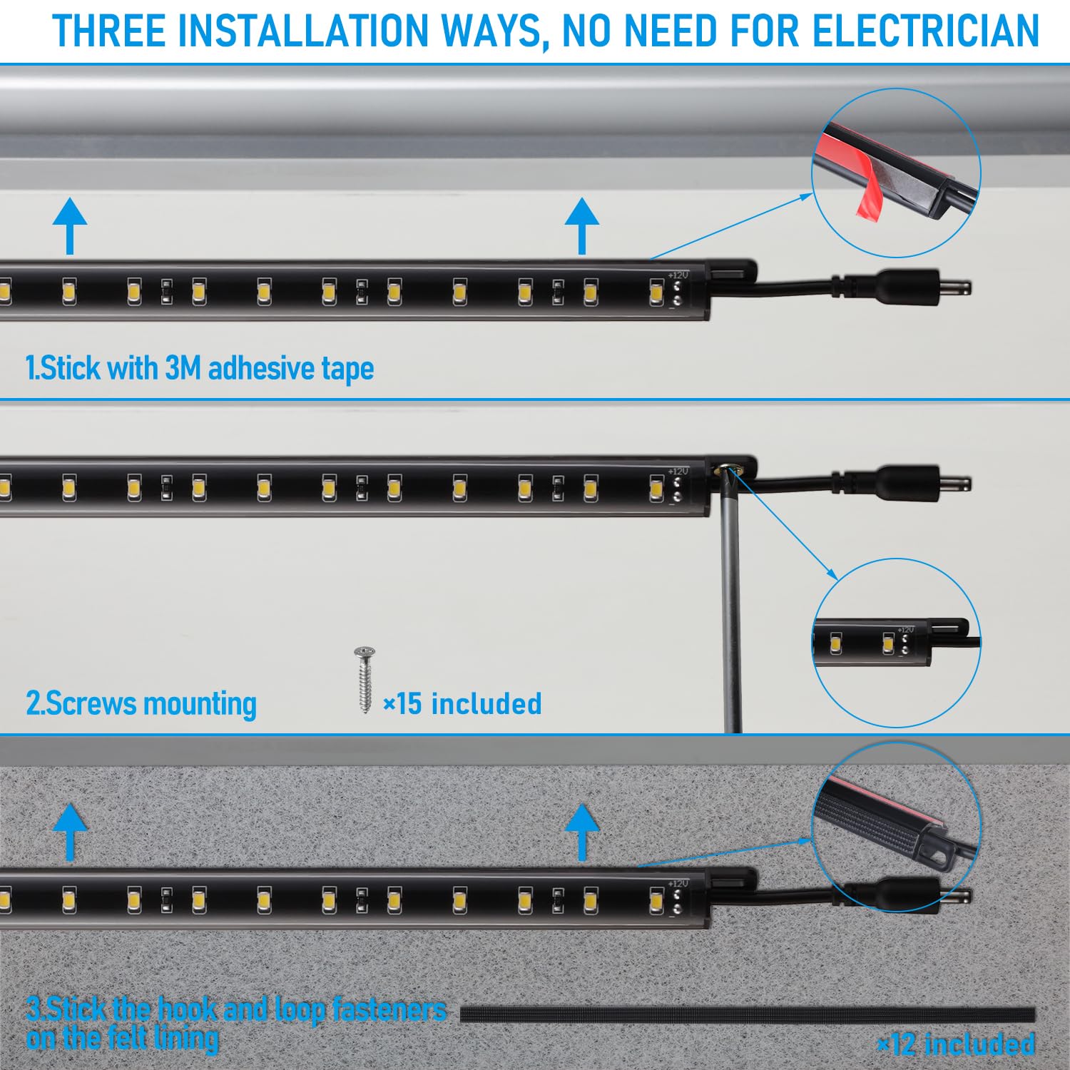 TORCHSTAR LED Safe Lighting Kit, (6) 12 Inch Linkable Light Bars + Rocker Switch + UL Power Adapter, 900LM, Input 100-240V, for Under Cabinet Gun Safe Locker Closet Showcase, 5000K Daylight