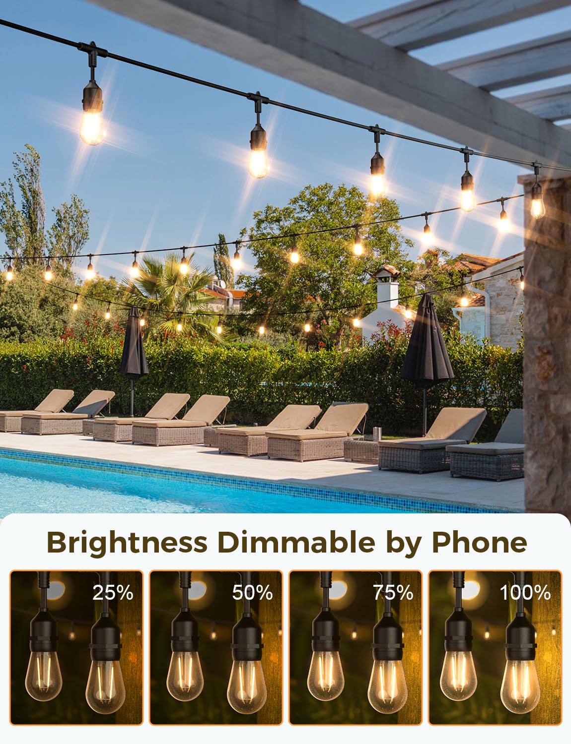 XMCOSY+ Outdoor String Lights, Smart Patio Lights 49Ft, APP WiFi Control, Work with Alexa, 15 LED Edison Bulbs, Waterproof, Extendable, Dimmable String Lights for Outside, Patio, Porch
