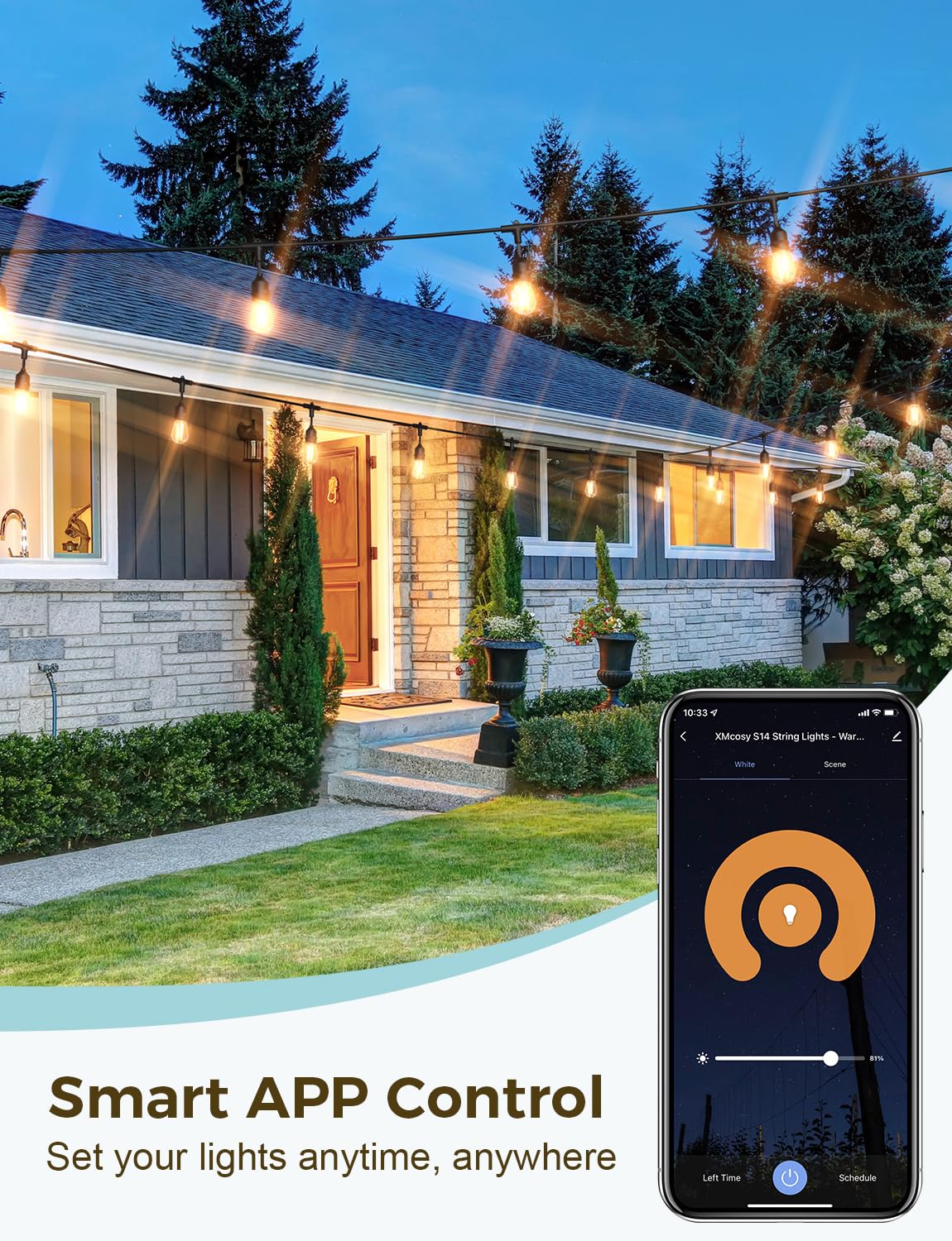 XMCOSY+ Outdoor String Lights, Smart Patio Lights 49Ft, APP WiFi Control, Work with Alexa, 15 LED Edison Bulbs, Waterproof, Extendable, Dimmable String Lights for Outside, Patio, Porch