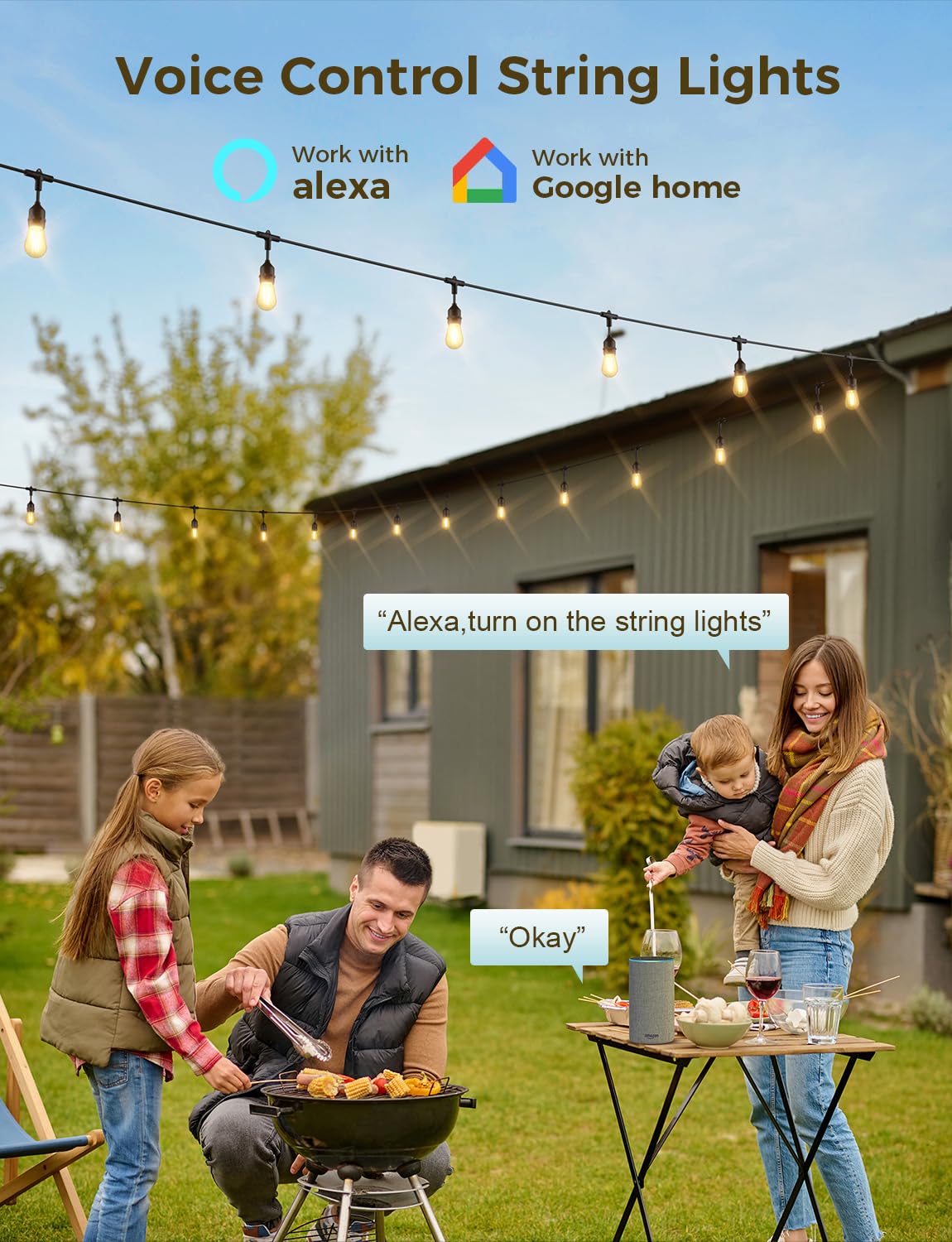 XMCOSY+ Outdoor String Lights, Smart Patio Lights 49Ft, APP WiFi Control, Work with Alexa, 15 LED Edison Bulbs, Waterproof, Extendable, Dimmable String Lights for Outside, Patio, Porch