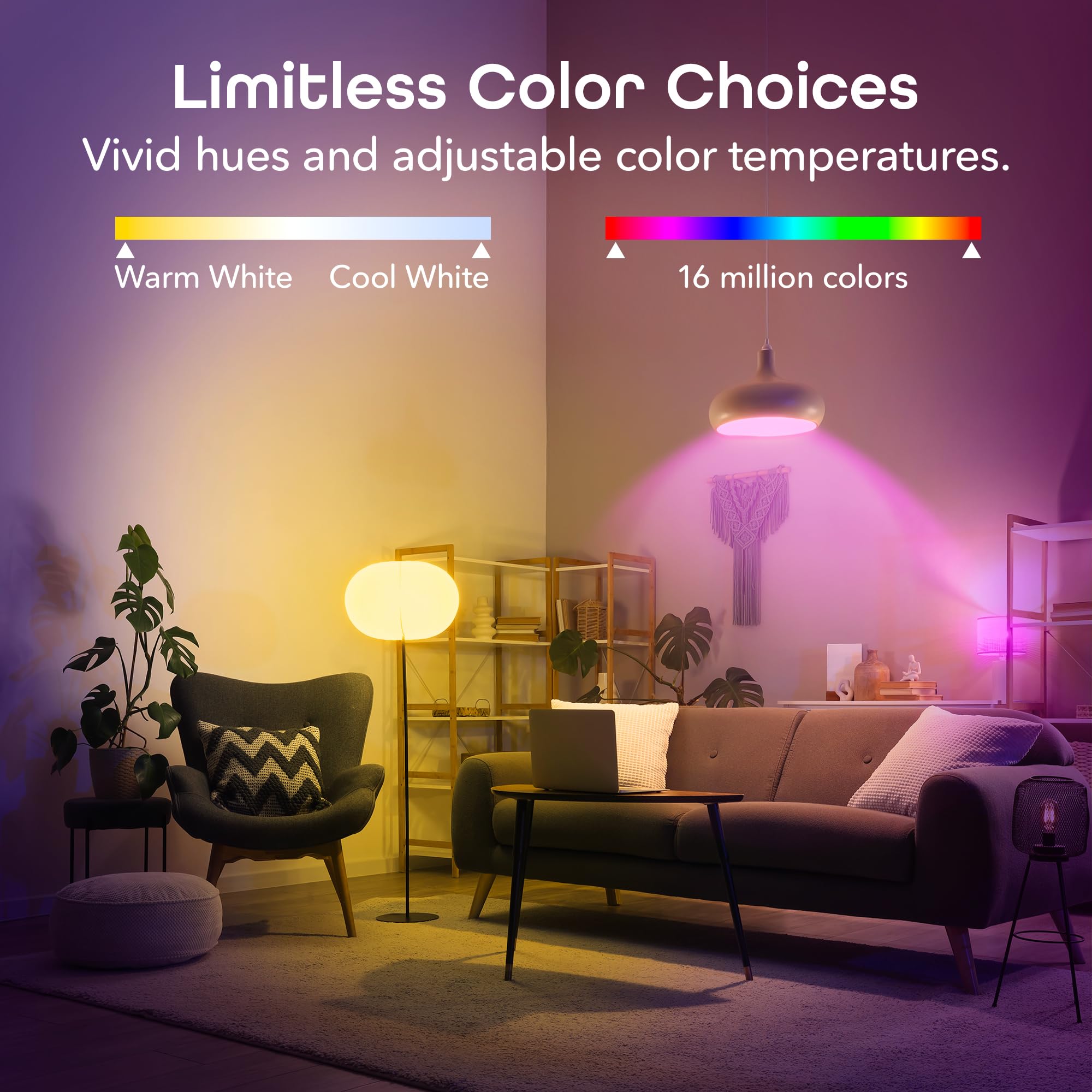 Geeni Prisma Plus 800 WiFi LED Smart Light Bulb (4-Pack), 2700-6500K Tunable Hue White to RGB, Dimmable, A19 60W, No Hub Required, Light Bulb Compatible with Alexa, Google Assistant