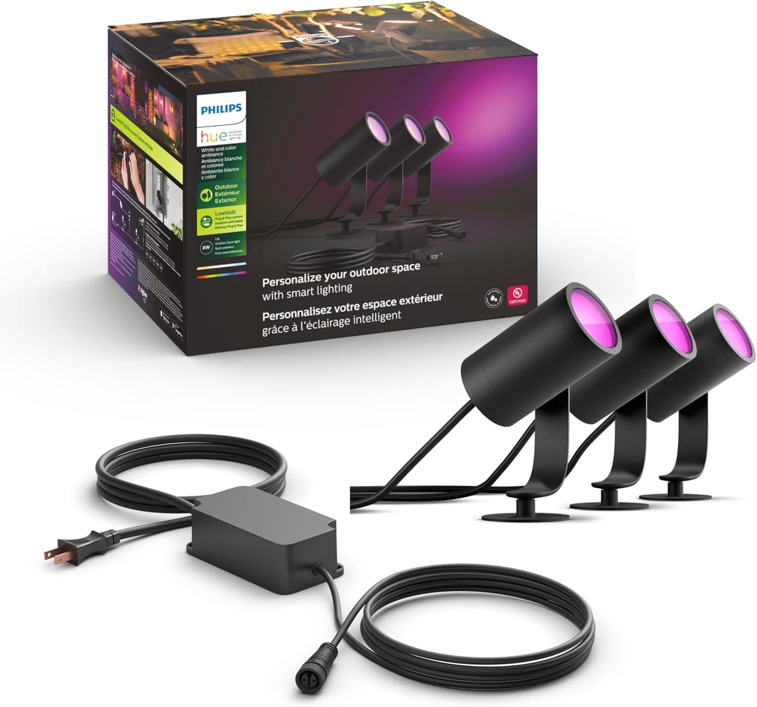 Philips Hue Lily White & Color Outdoor Spot Light Base kit (Hue Hub Required), 3 Spot Lights with Power Supply + Mount, Compatible with Alexa, HomeKit & Google Assistant , Black (New)