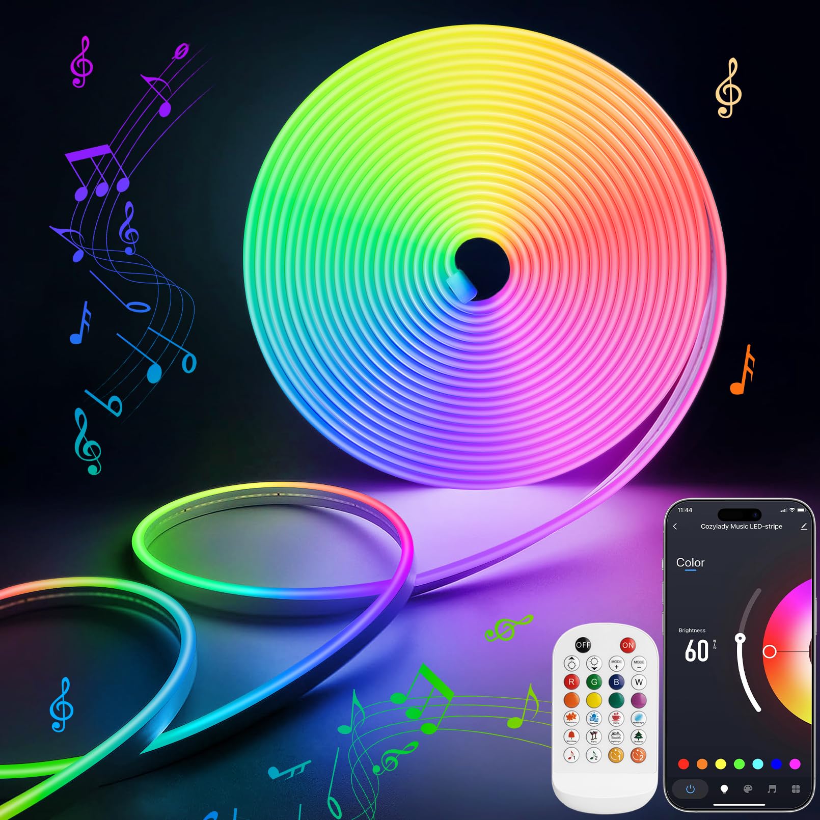 12v RGB Led Light Strip,Flexible Led Strip Lights IP65 Waterproof Cuttable Led Neon Flex Alexa WiFi Compatible Silicone 16.4ft Color Changing Bluetooth Phone App Control with Remote for Party DIY