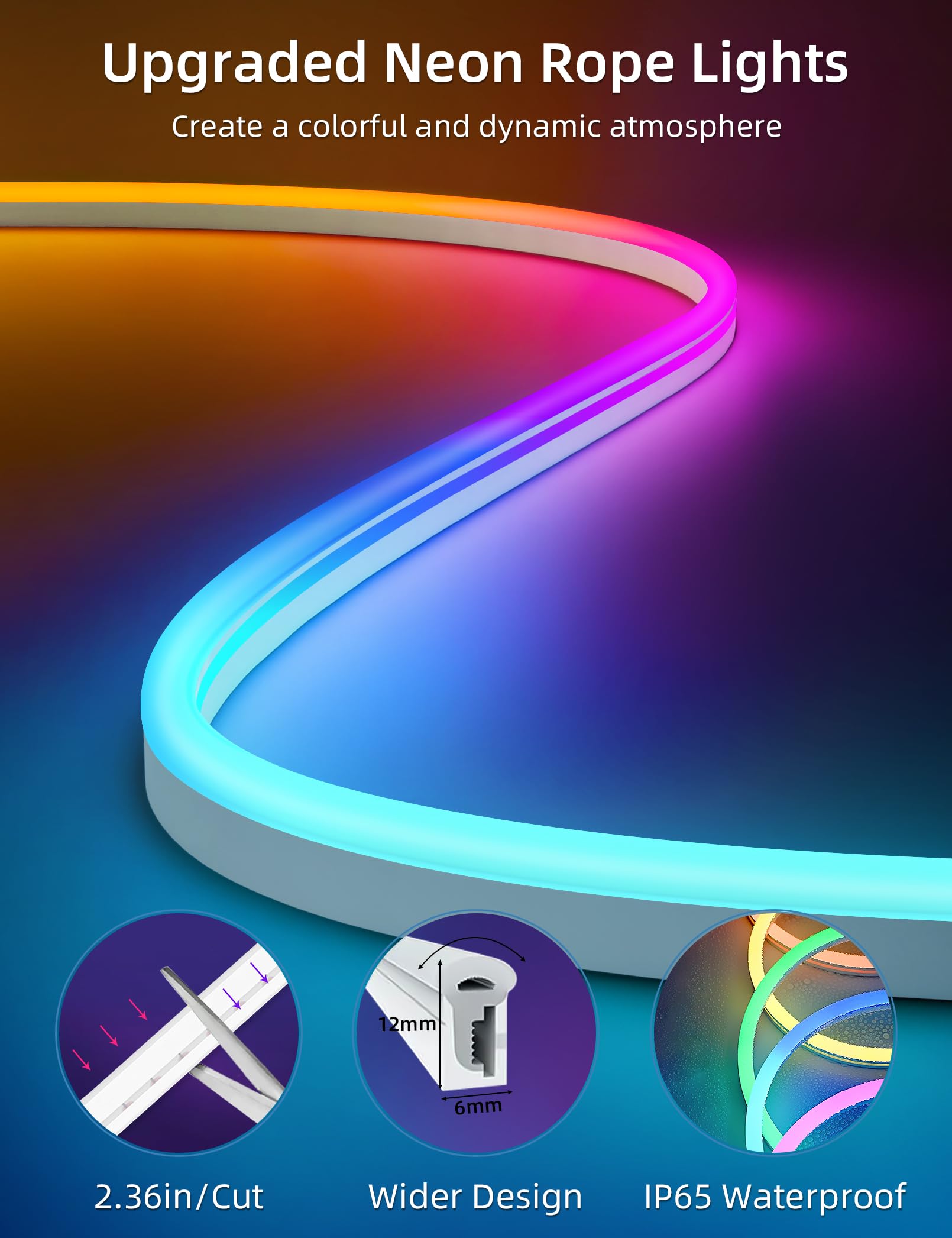 12v RGB Led Light Strip,Flexible Led Strip Lights IP65 Waterproof Cuttable Led Neon Flex Alexa WiFi Compatible Silicone 16.4ft Color Changing Bluetooth Phone App Control with Remote for Party DIY