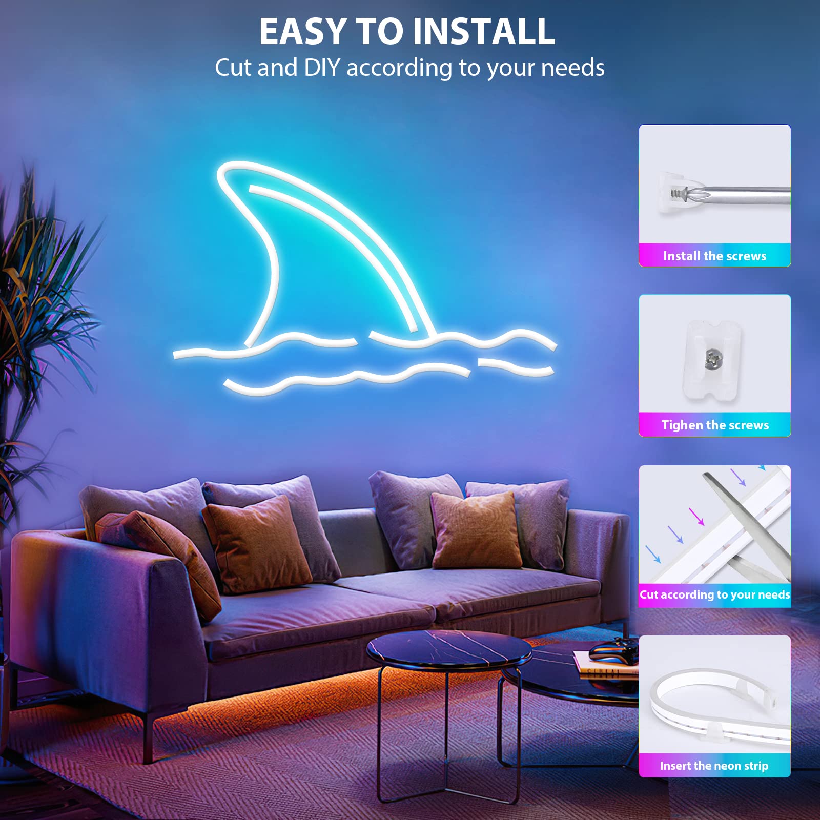 12v RGB Led Light Strip,Flexible Led Strip Lights IP65 Waterproof Cuttable Led Neon Flex Alexa WiFi Compatible Silicone 16.4ft Color Changing Bluetooth Phone App Control with Remote for Party DIY
