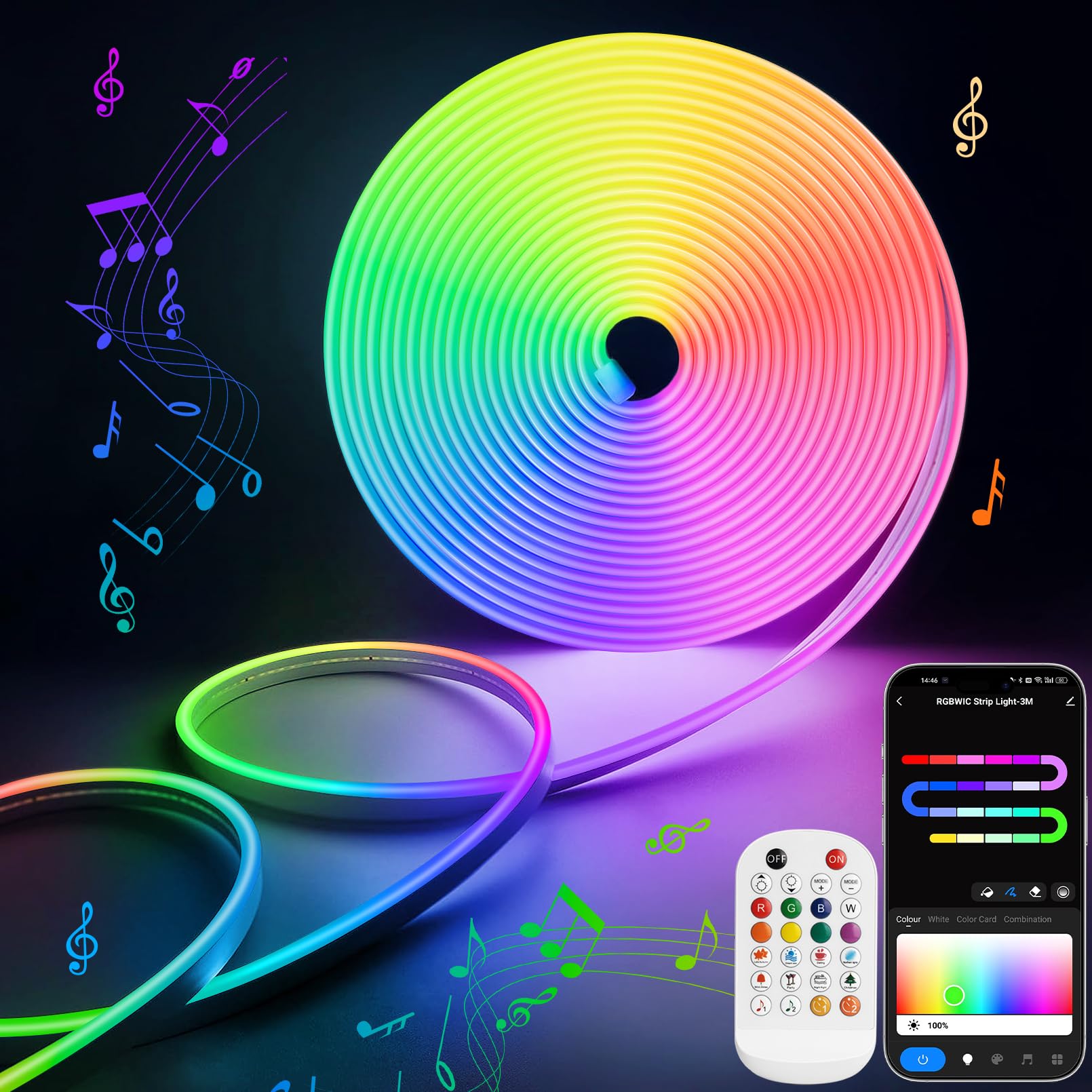 12v RGB Led Light Strip,Flexible Led Strip Lights IP65 Waterproof Cuttable Led Neon Flex Alexa WiFi Compatible Silicone 16.4ft Color Changing Bluetooth Phone App Control with Remote for Party DIY