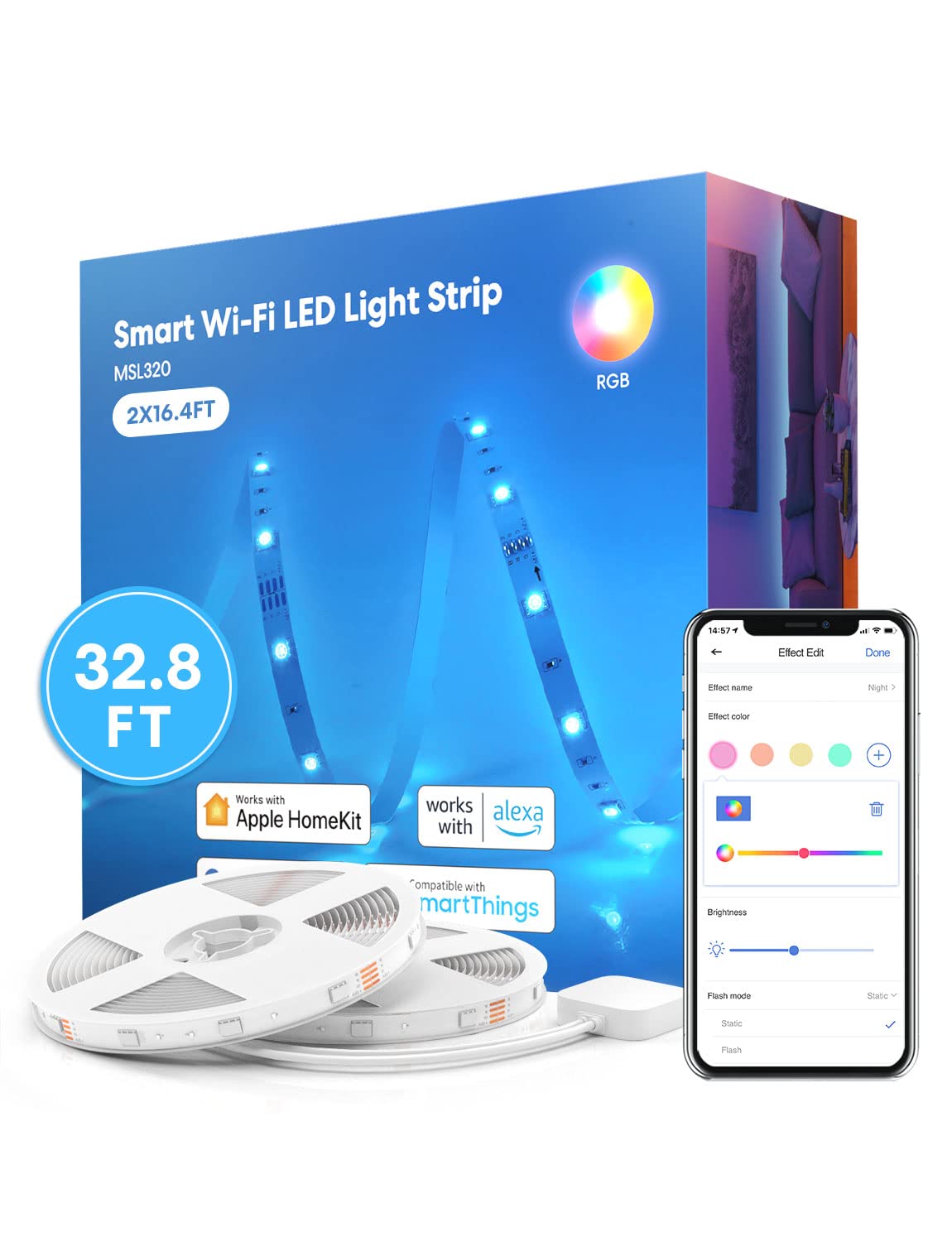 Smart LED Strip Lights Works with Apple HomeKit, 32.8ft WiFi RGB Strip, Compatible with Siri, Alexa&Google and SmartThings, App Control, Color Changing Lights Strip for Bedroom, Living Room, Kitchen
