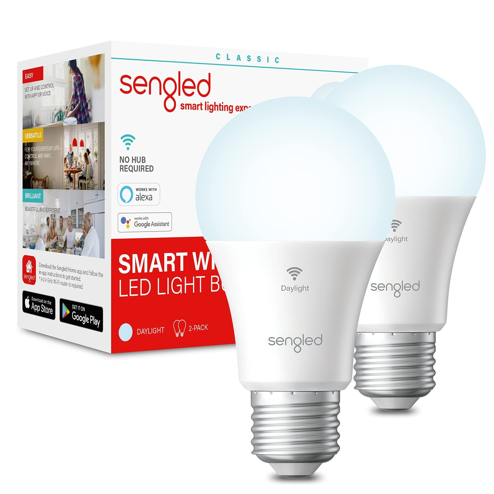 Sengled Smart Light Bulbs, WiFi Light Bulbs, Alexa Light Bulb, Smart Bulbs that Work with Alexa & Google Assistant, A19 Daylight (5000K) No Hub Required, 800LM 60W Equivalent High CRI>90, 2 Pack