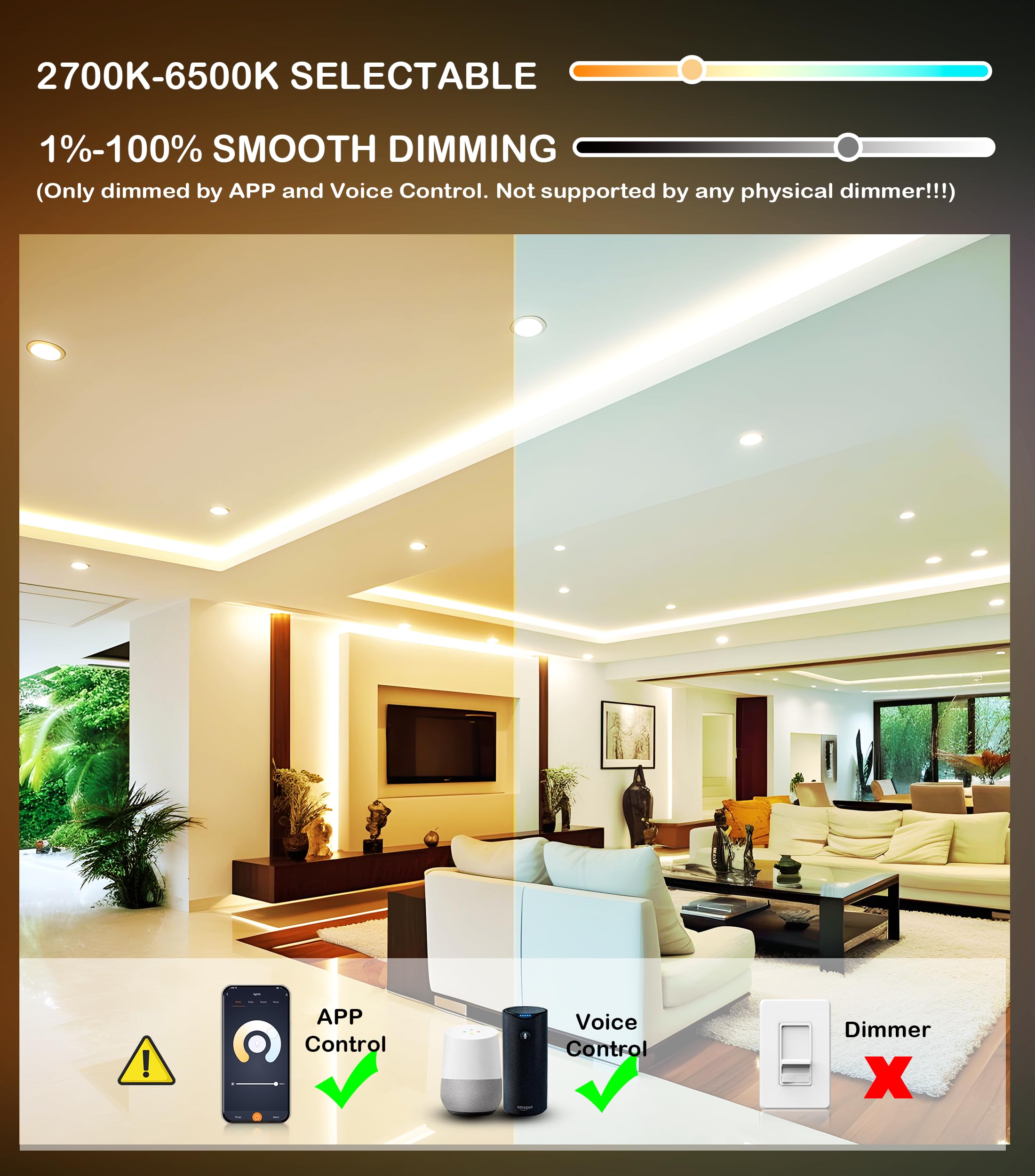 CLOUDY BAY [6 Pack] 4inch Smart WiFi LED Recessed Lights,RGBCW Color Changing Recessed Lighting,Compatible with Alexa and Google Home Assistant,No Hub Required,10W 2700K-6500K,CRI90+ Wet Location