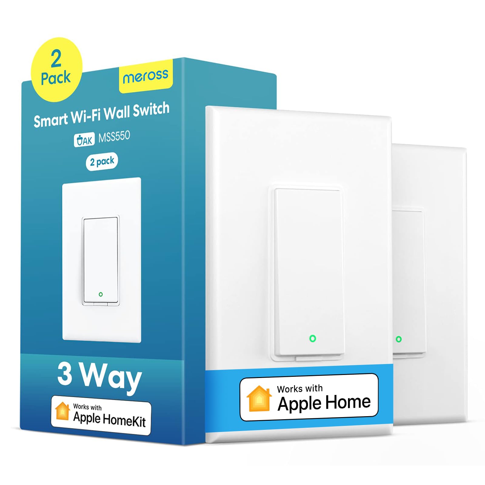 3 Way Smart Switch, Meross Smart Light Switch Supports Apple HomeKit, Siri, Alexa, Google Assistant & SmartThings, 2.4Ghz WiFi Light Switch Neutral Wire Required, Remote Control Timer 2 Pack