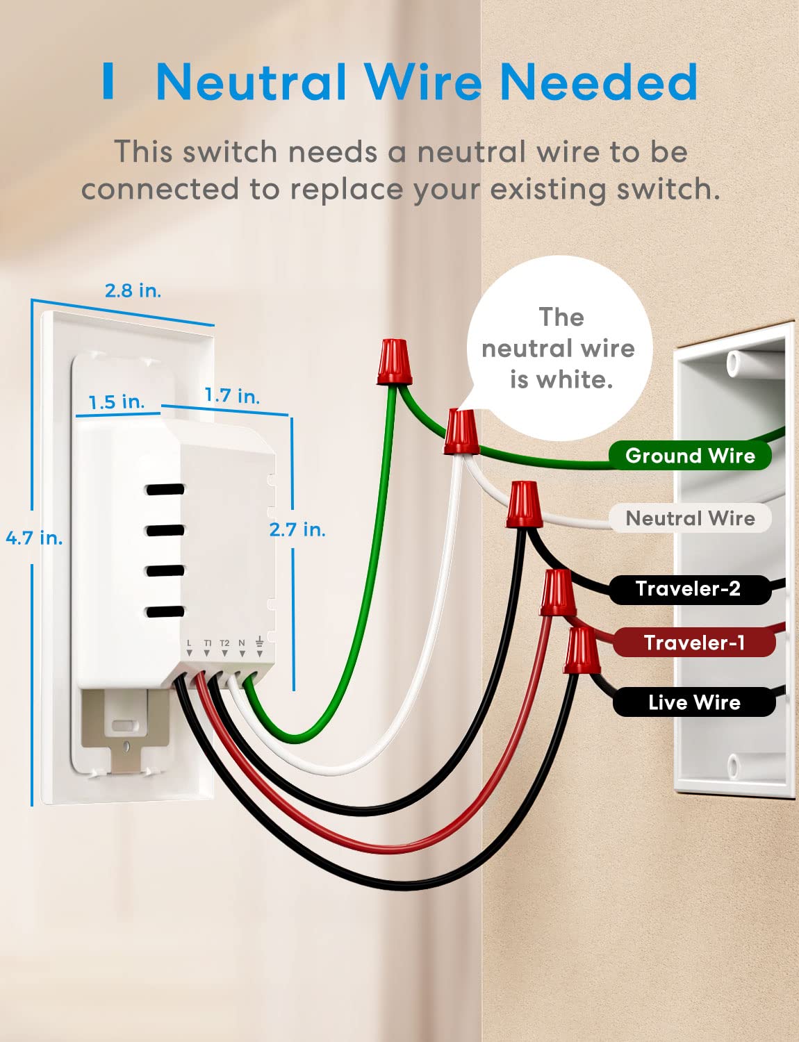 3 Way Smart Switch, Meross Smart Light Switch Supports Apple HomeKit, Siri, Alexa, Google Assistant & SmartThings, 2.4Ghz WiFi Light Switch Neutral Wire Required, Remote Control Timer 2 Pack