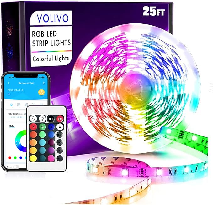 VOLIVO Smart RGB Led Strip Lights 25ft, App Controlled Bluetooth Led Light Strips Sync with Music, Color Changing Led Lights for Bedroom, Home Decoration