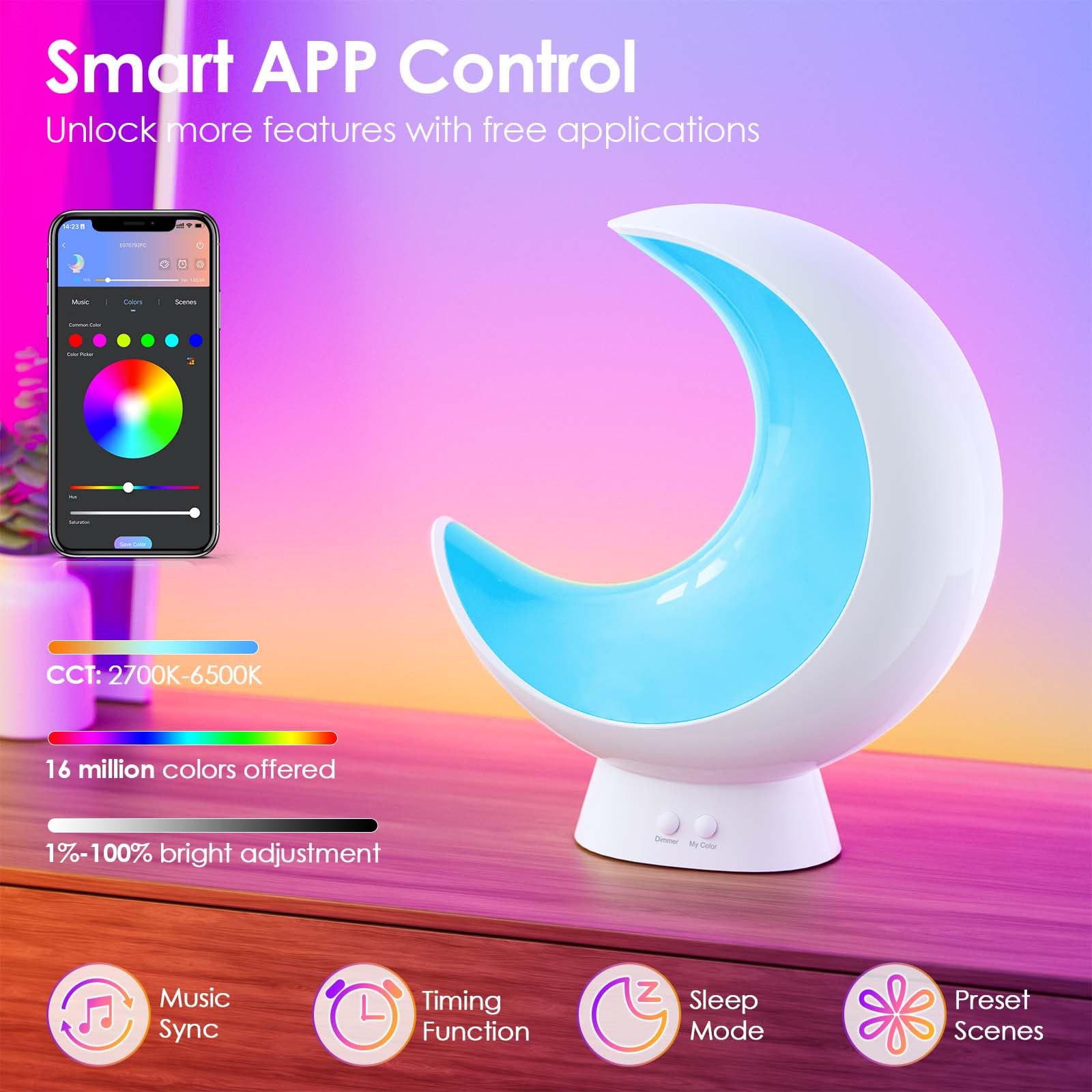 ECOLOR Smart Table Lamp, RGB APP Control Moon Lamp, Small Lamp with Scene Mode and Music Mode, Dimmable Warm White Light Touch Lamps for Bedrooms and Living Room