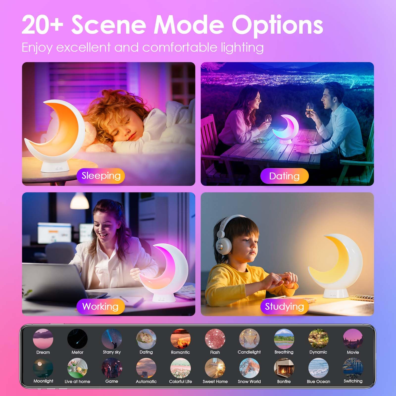 ECOLOR Smart Table Lamp, RGB APP Control Moon Lamp, Small Lamp with Scene Mode and Music Mode, Dimmable Warm White Light Touch Lamps for Bedrooms and Living Room