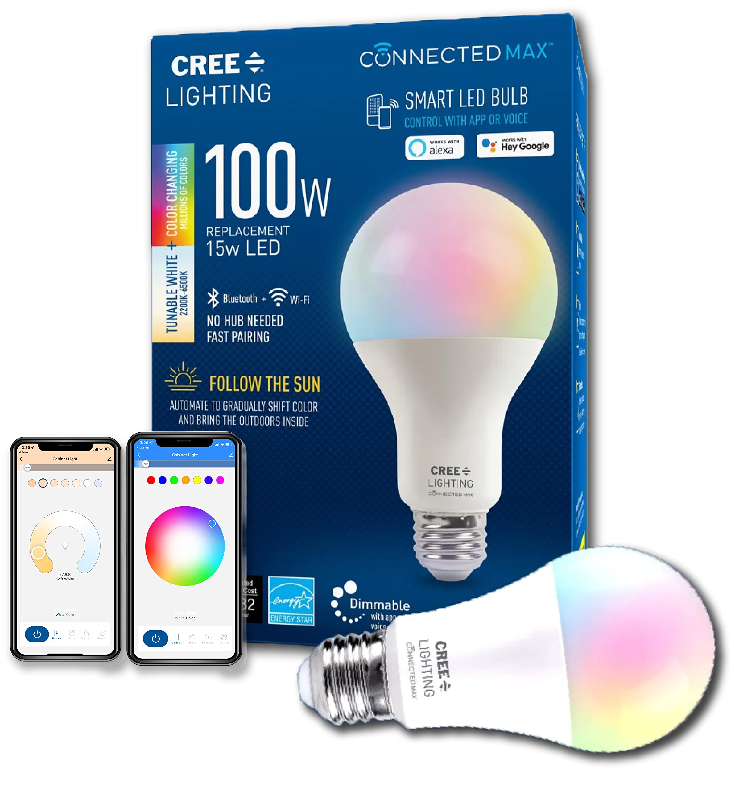 Cree Lighting Connected Max Smart Led Bulb A21 100W Tunable White + Color Changing, 2.4 Ghz, Works With Alexa And Google Home, No Hub Required, Bluetooth + Wifi, 1Pk