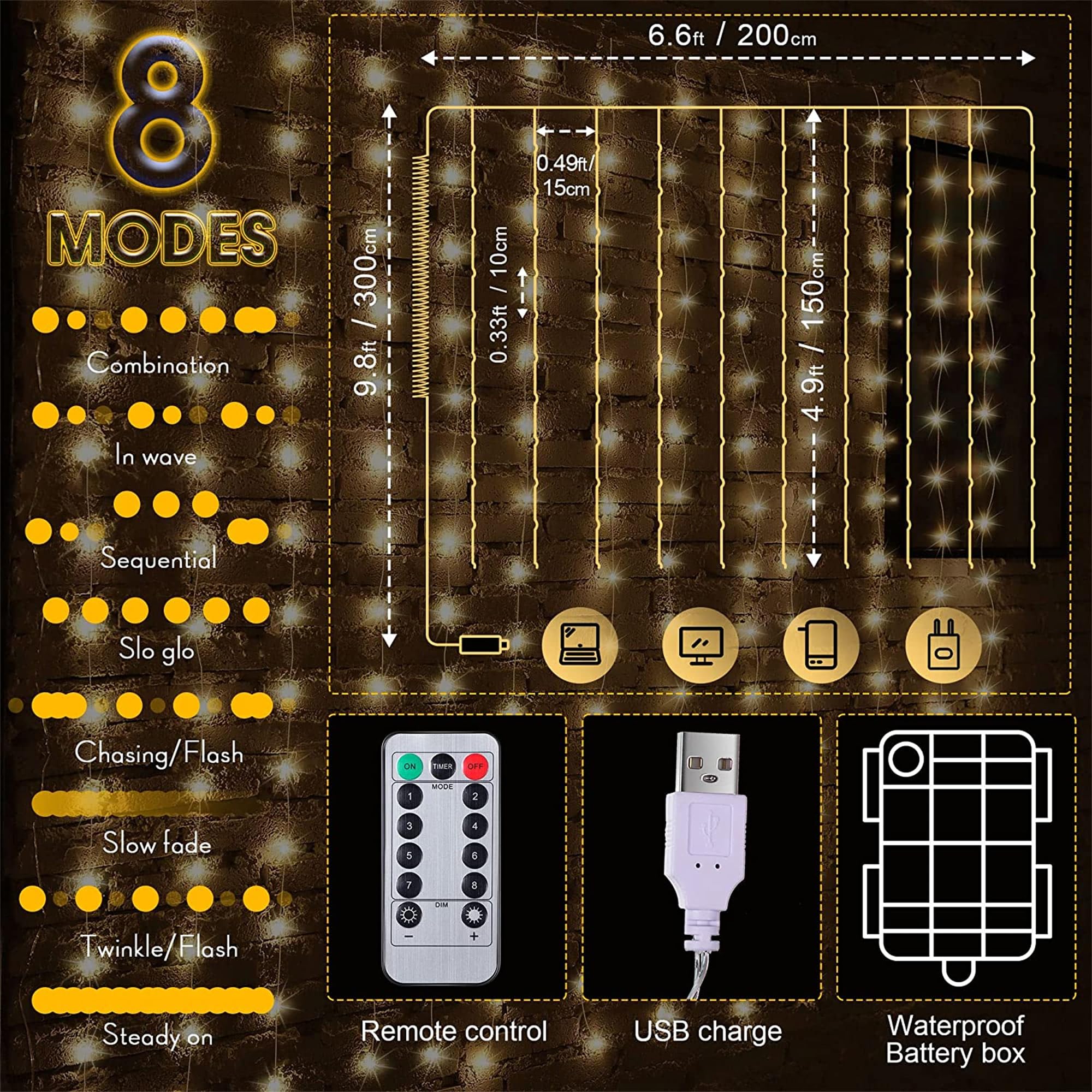 195 LED Curtain Tapestry Backdrop String Lights, 8 Strings 6.6x4.9Ft Tapestry Fairy String Light with Remote, 8 Modes Window Wall Hanging Light Strings for Bedroom Indoor Outdoor Graduation Decor